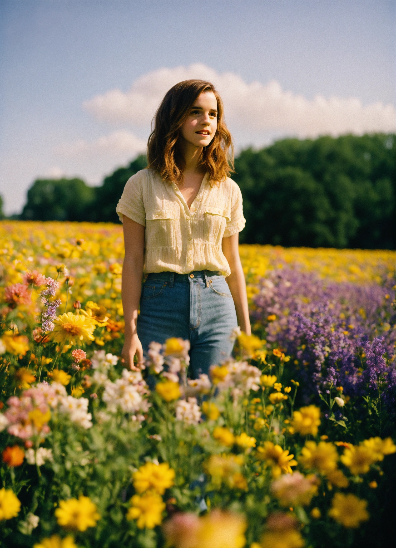 Lexica - Happy Emma Watson standing in a beautiful field of flowers ...
