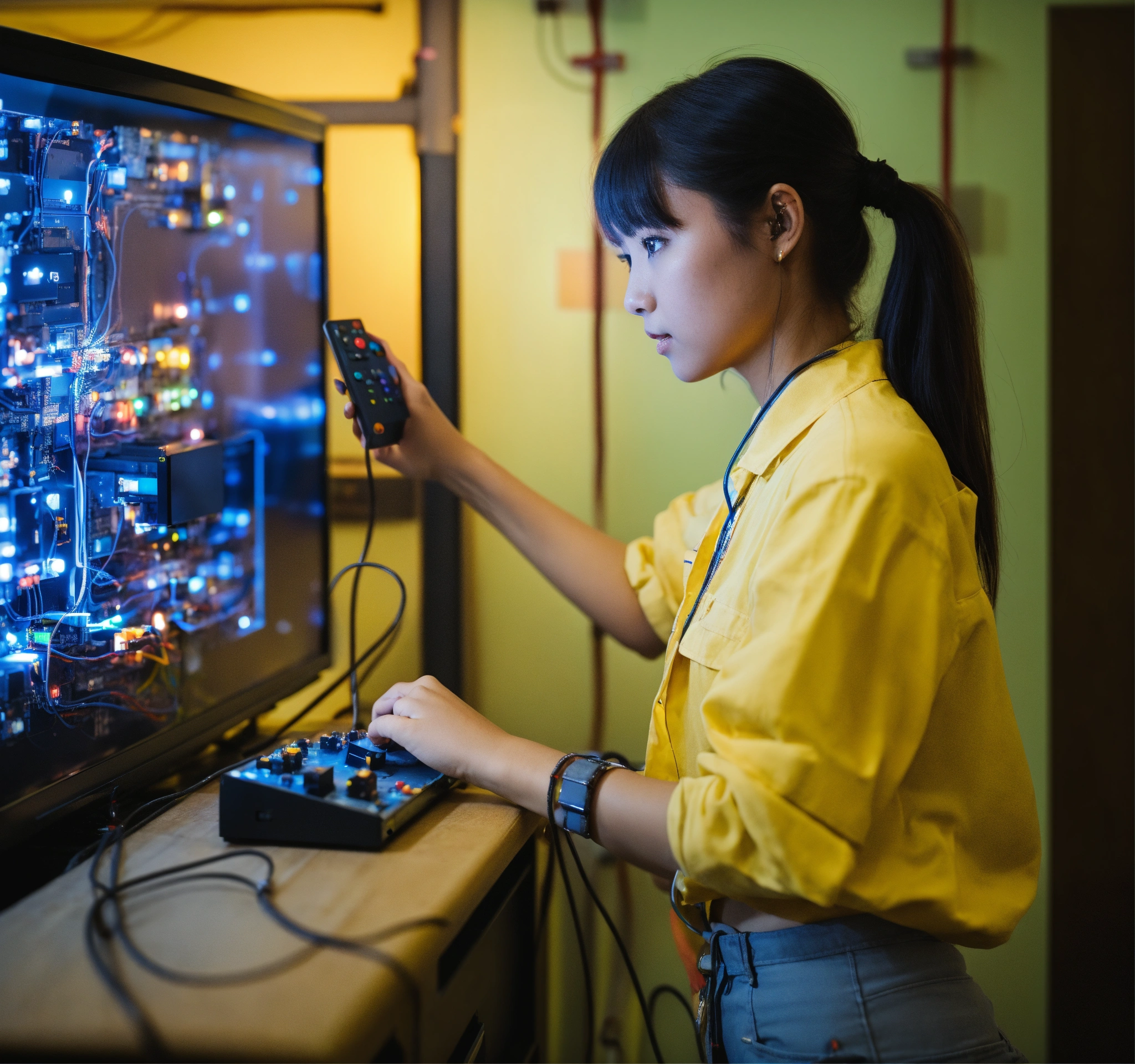 Lexica - Electronics engineer girl switch on a tv by her finger front angle shot