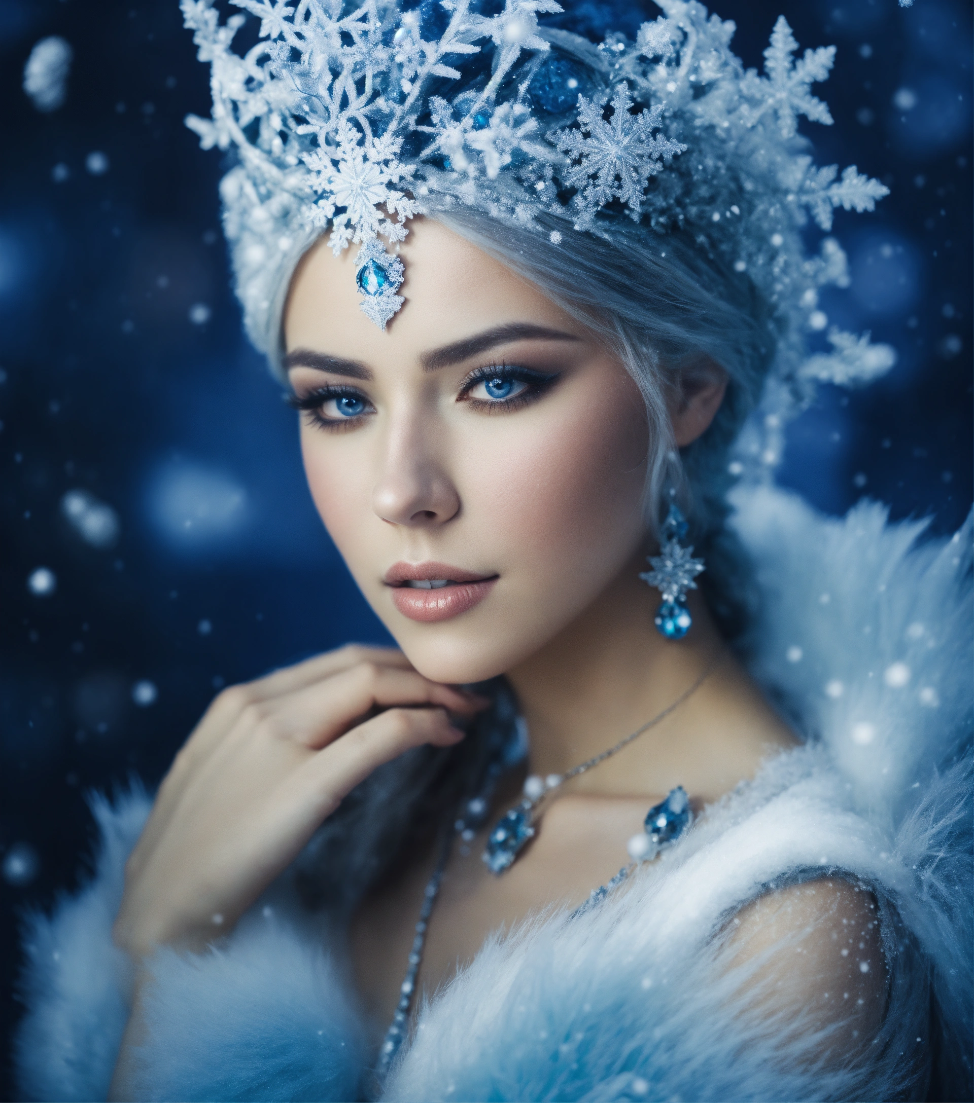 Lexica - Portrait of a beautiful snow queen in blue and white tones