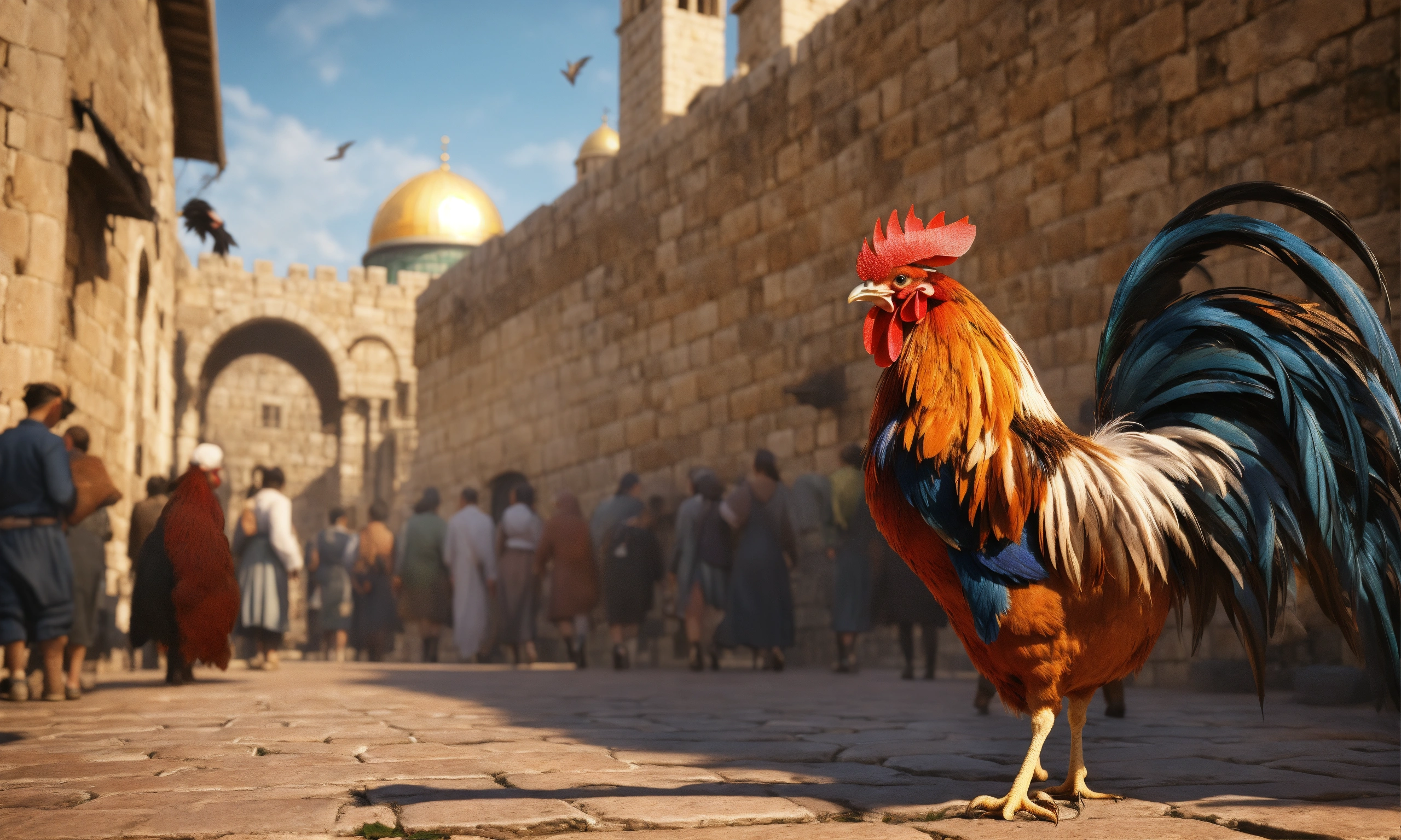 Lexica - Rooster crowing, market place, on top of a brick wall, many ...