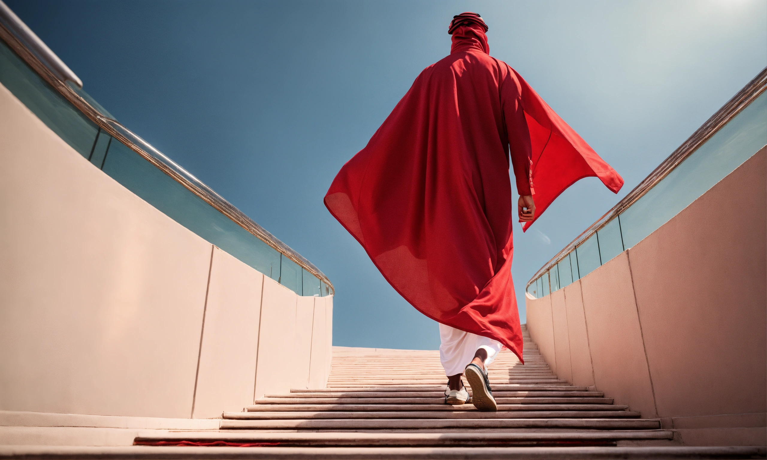 Lexica - Saudi man climbing up six steps only, white costume, Saudi red ...
