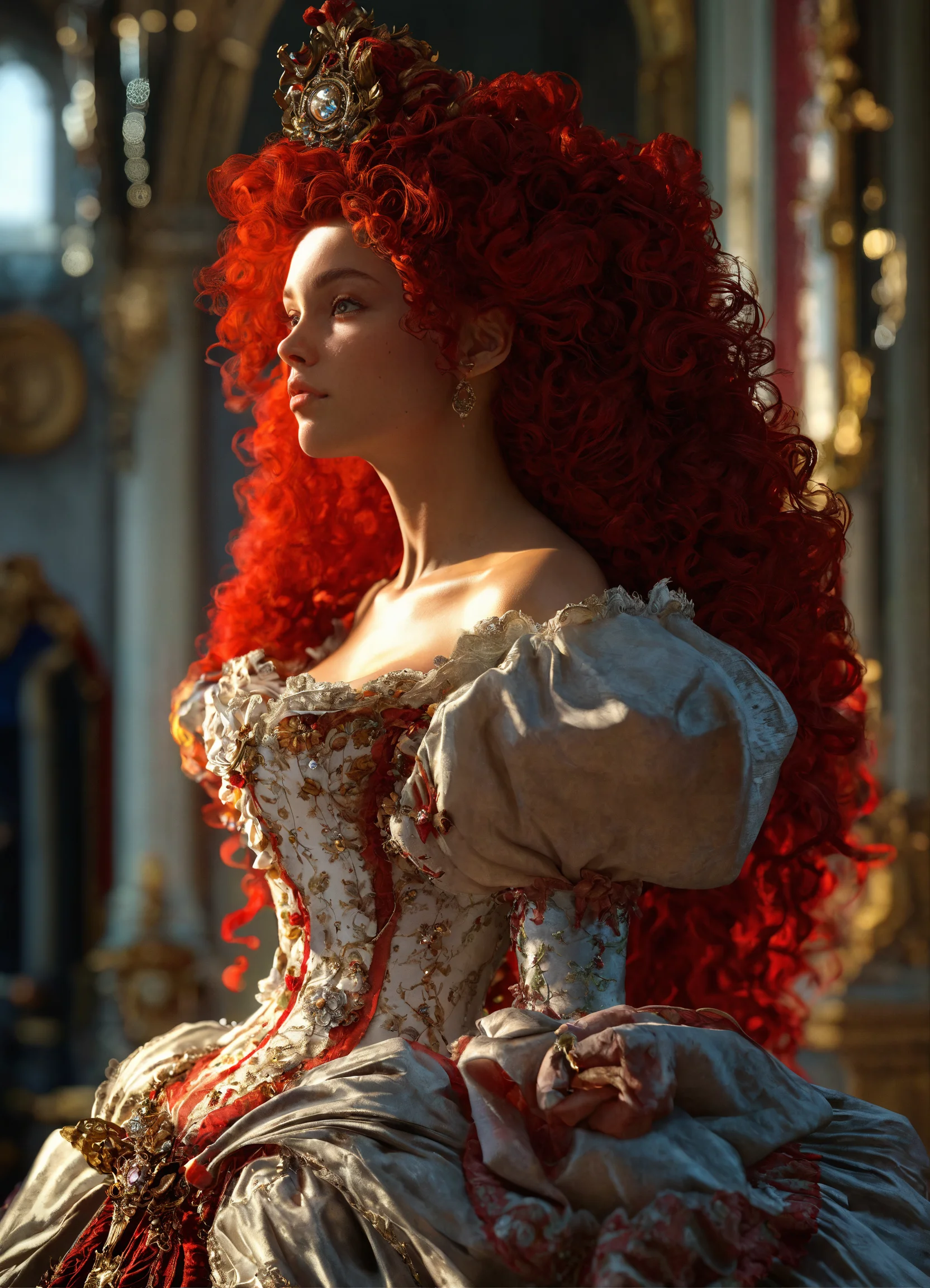 Lexica - "Beautiful Rococo Princess", elaborate gown, massive curly red ...