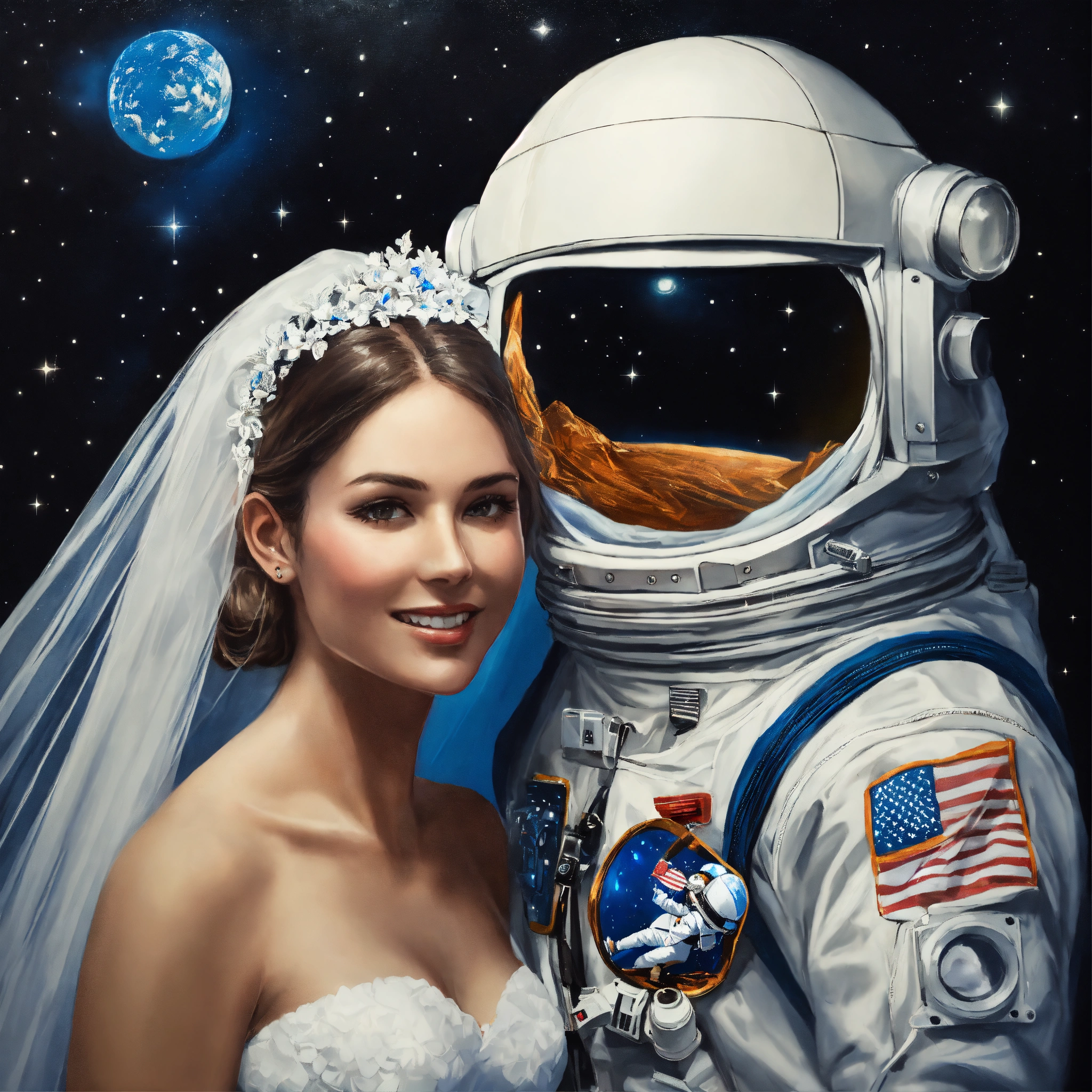 Lexica - Astronaut, realistic, the bride with astronaut helmet and groom