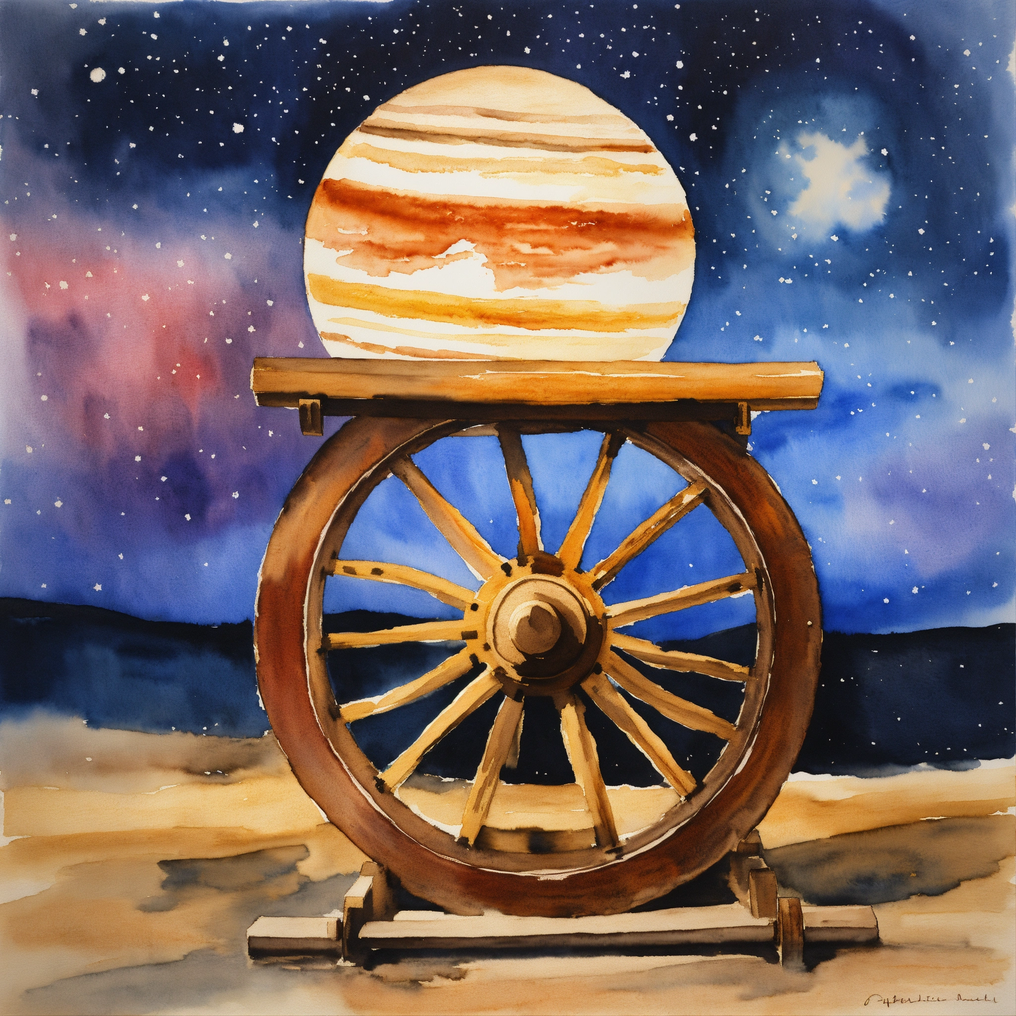 Lexica - Watercolor, a wooden wheel with the planet Jupiter in the ...