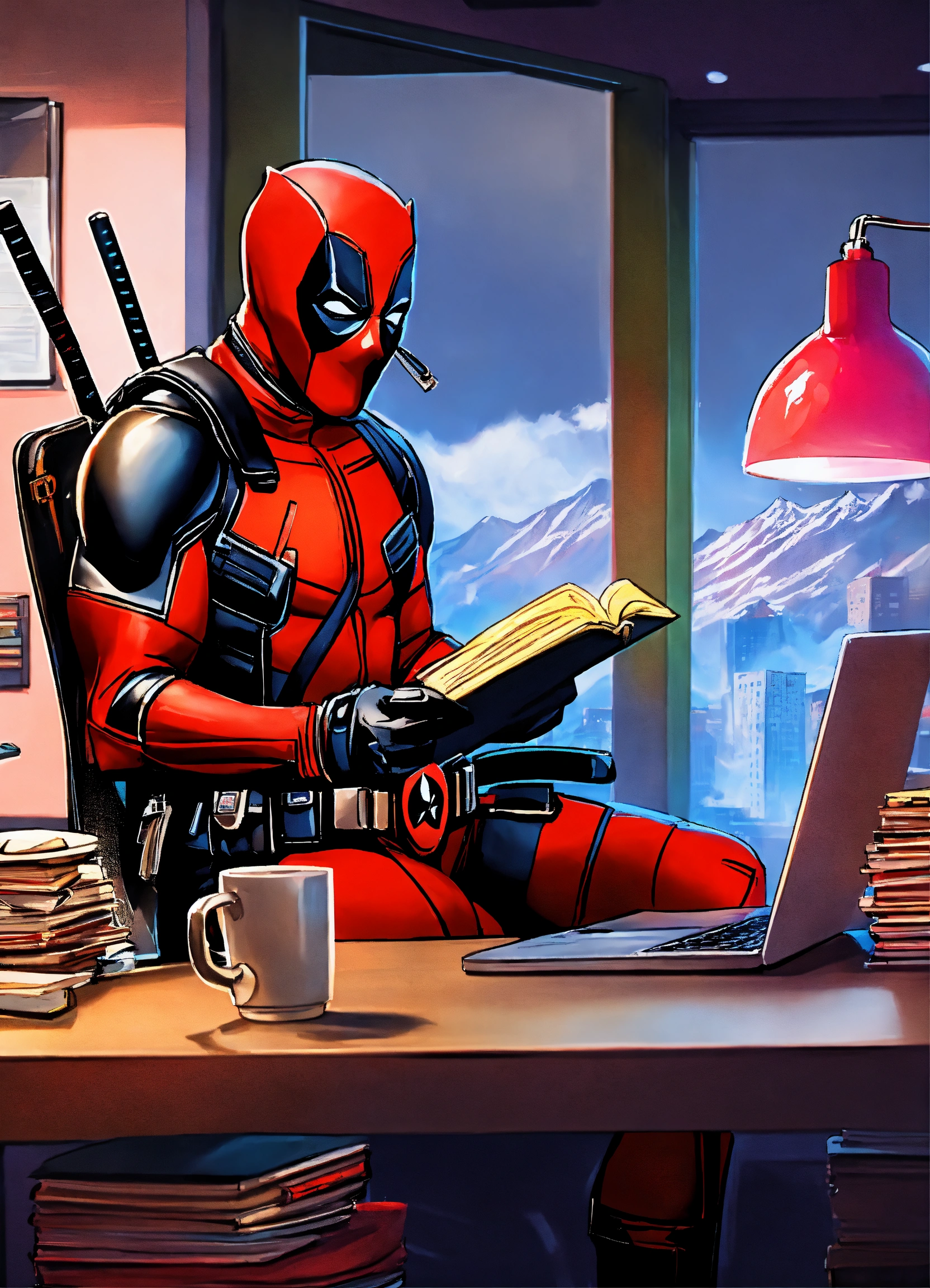 Lexica - The picture is entitled "CAPITAL". Deadpool is reading a red ...