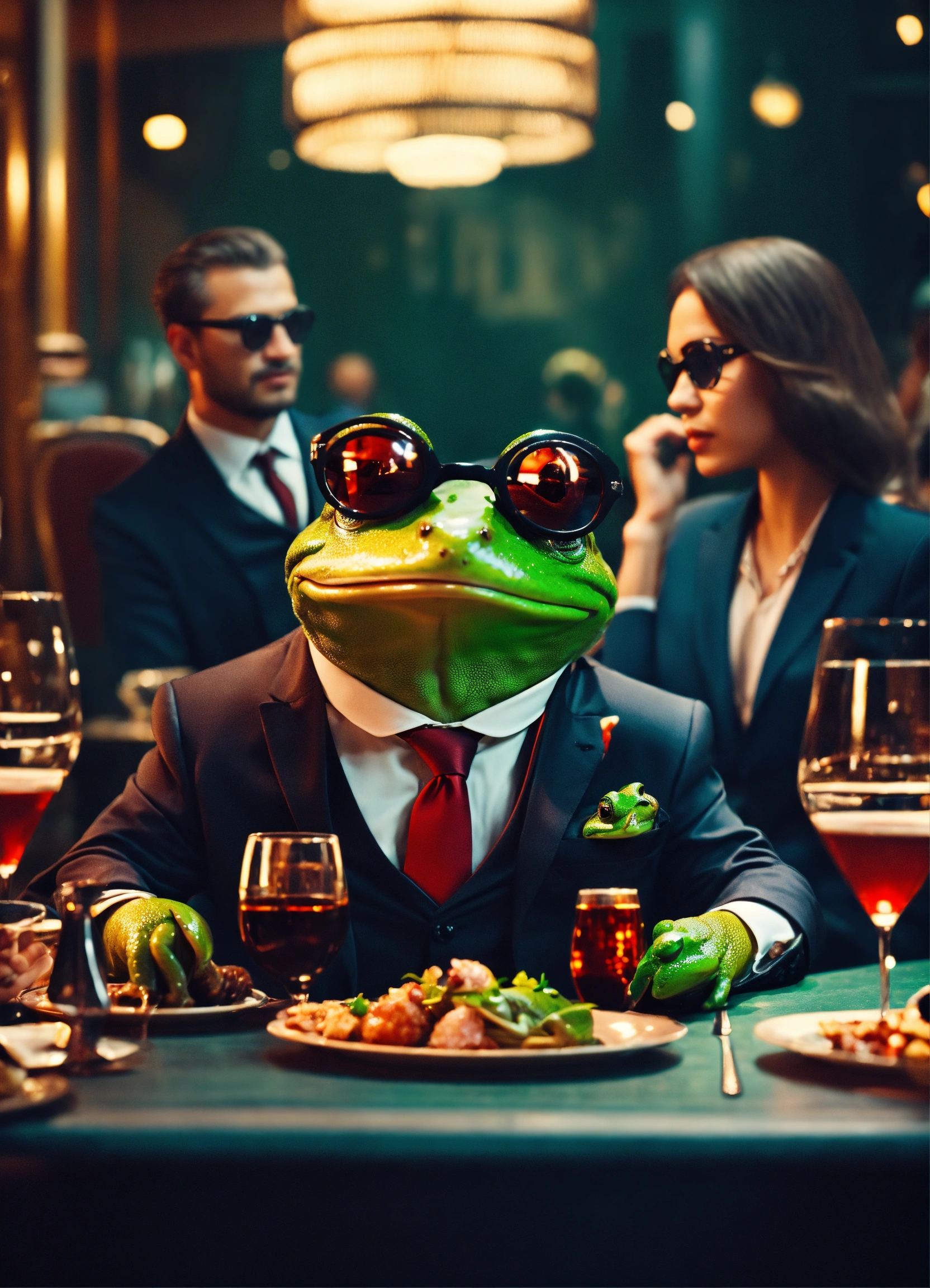 Lexica - Cute frog in suit and glasses in in rich colour restaurant ...