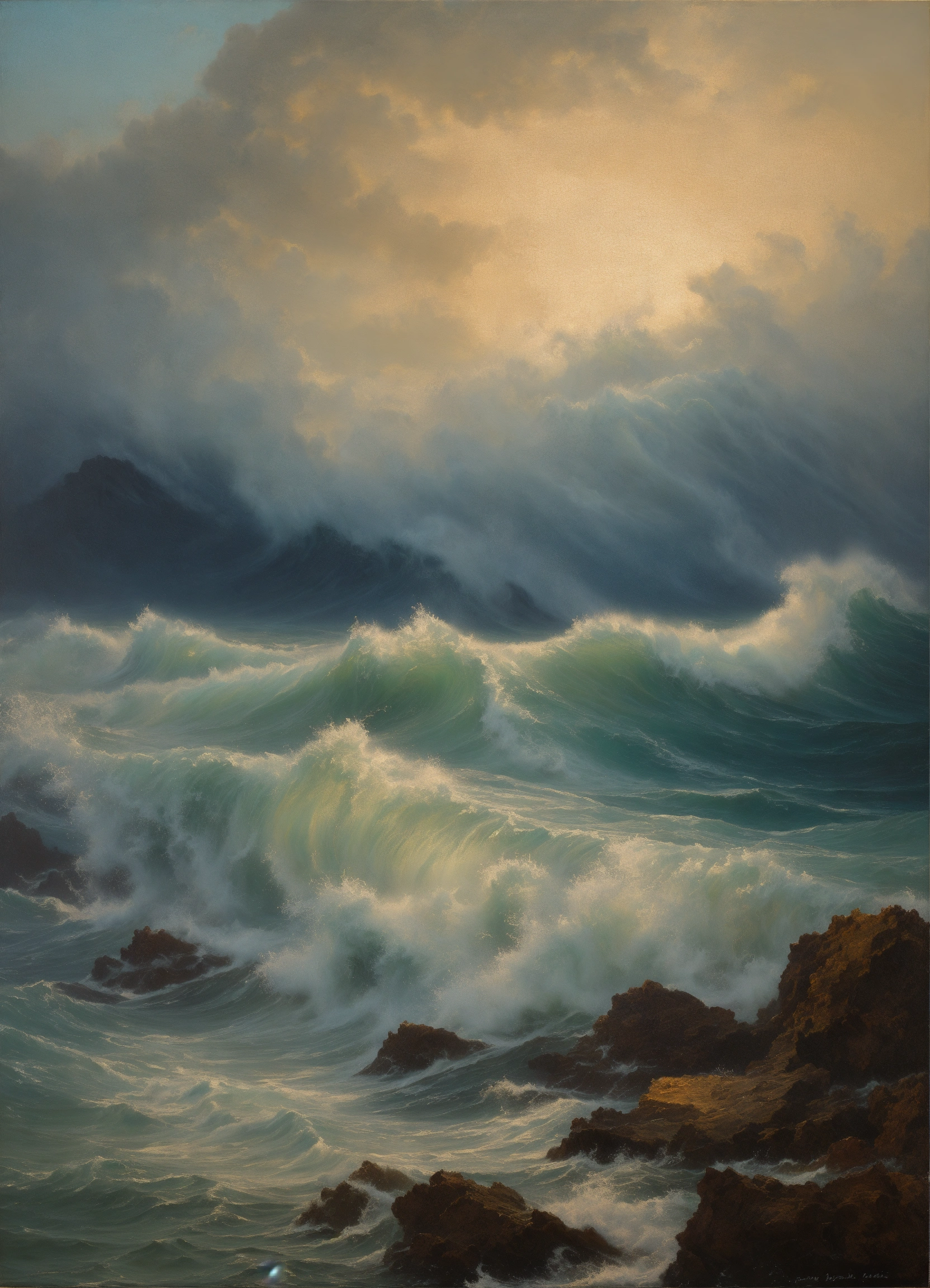 Lexica - Aged baroque-style oil painting depicting turbulent waves in ...