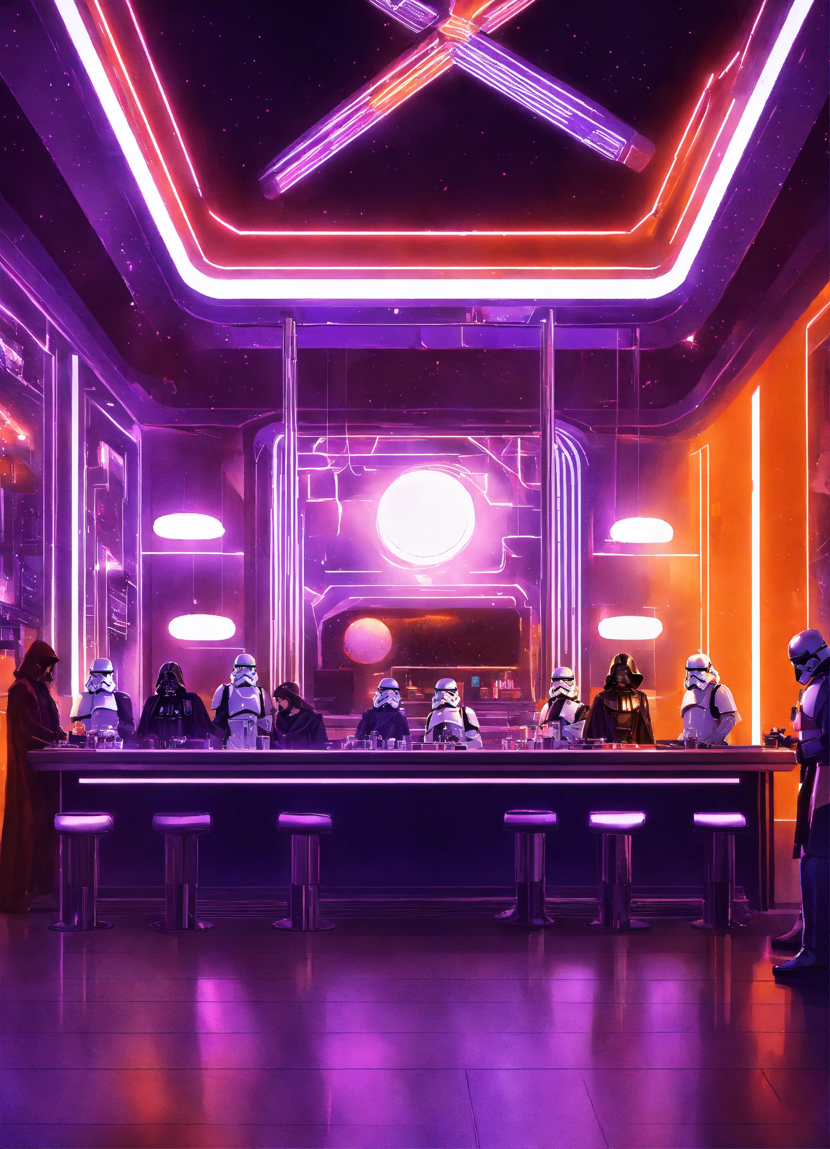 Lexica - Digital art of a white Star Wars night club with purple and ...
