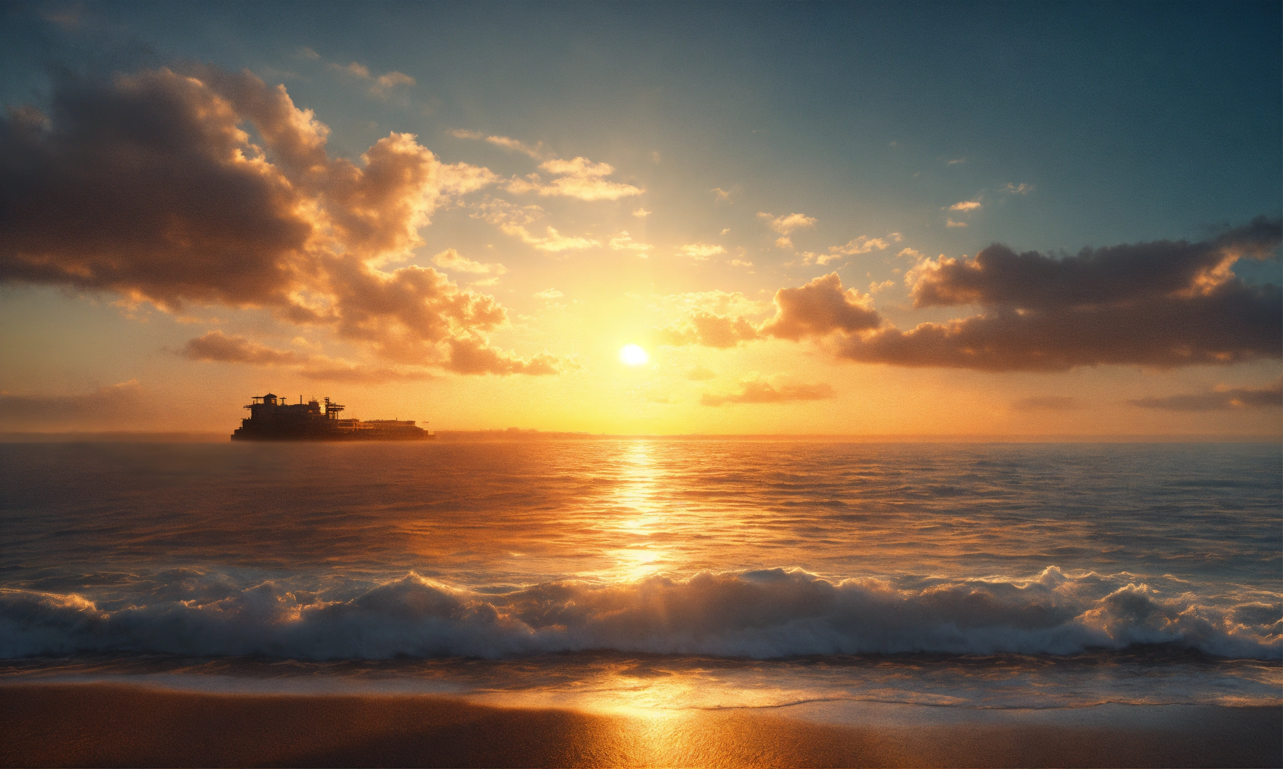 Lexica - Realistic image of sun on horizon and civilization on coast ...