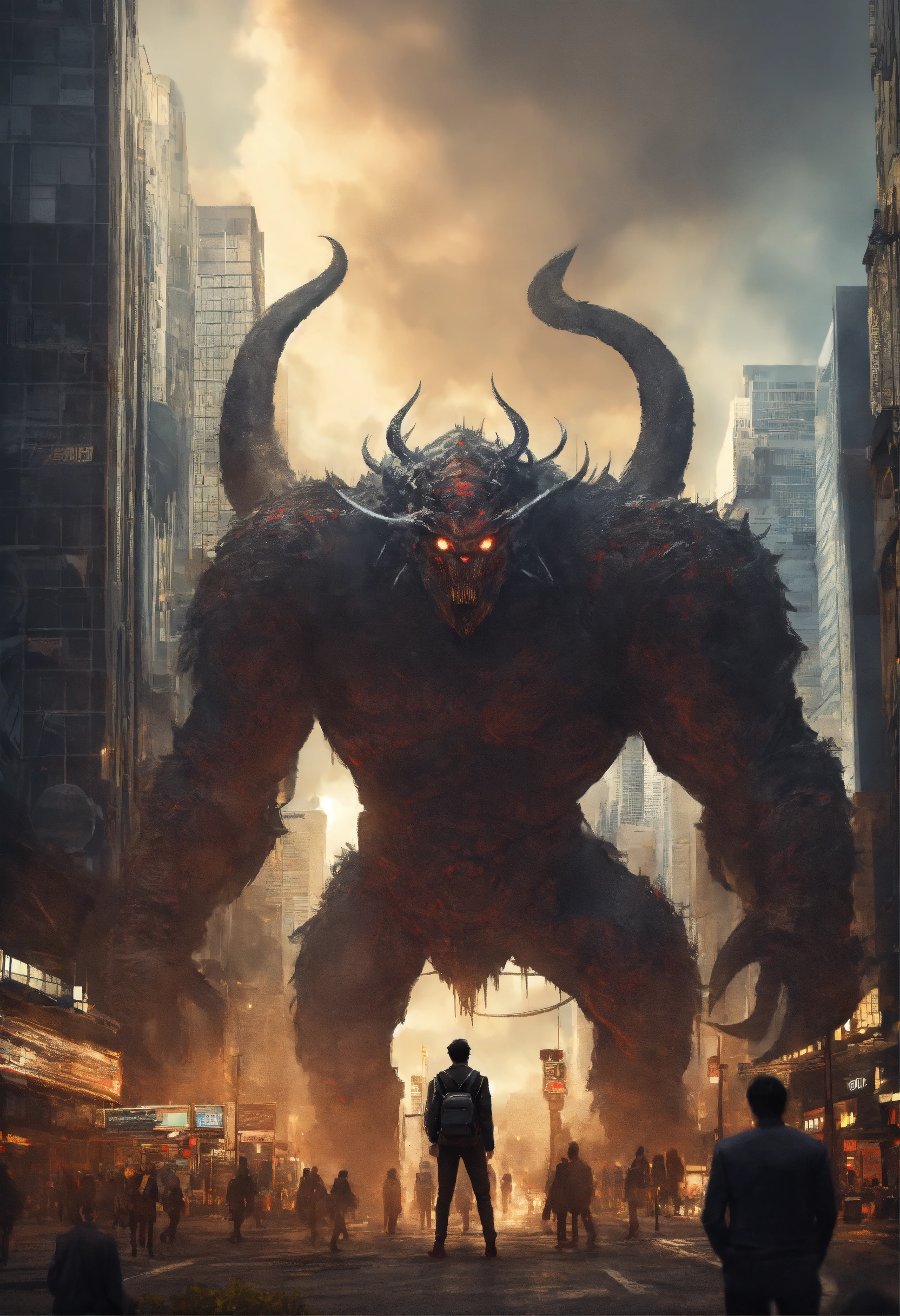 Lexica - Terrifying humanoid monster looming over busy city