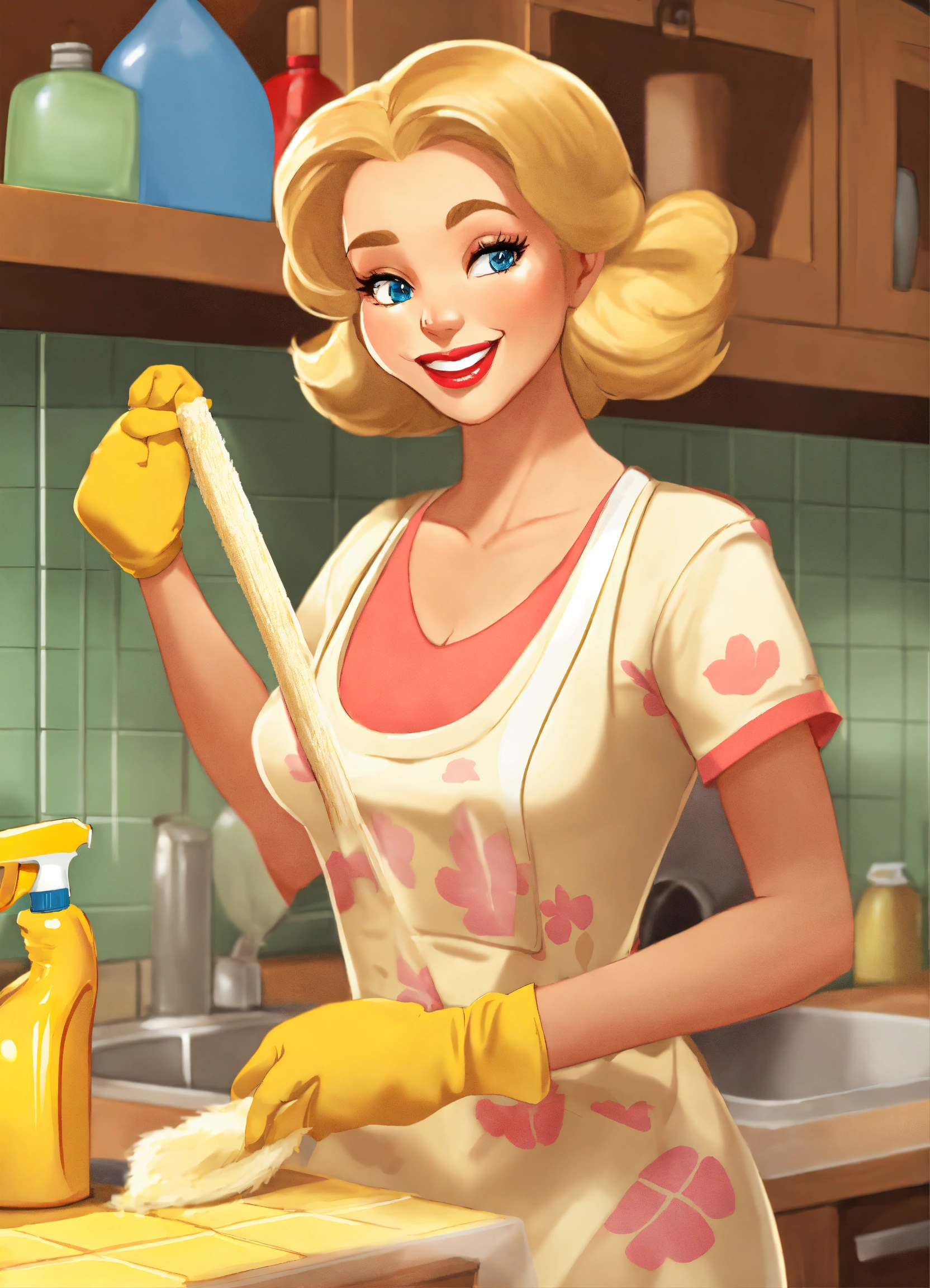 Lexica - Cartoon lady cleaning, dusting, blonde, winking