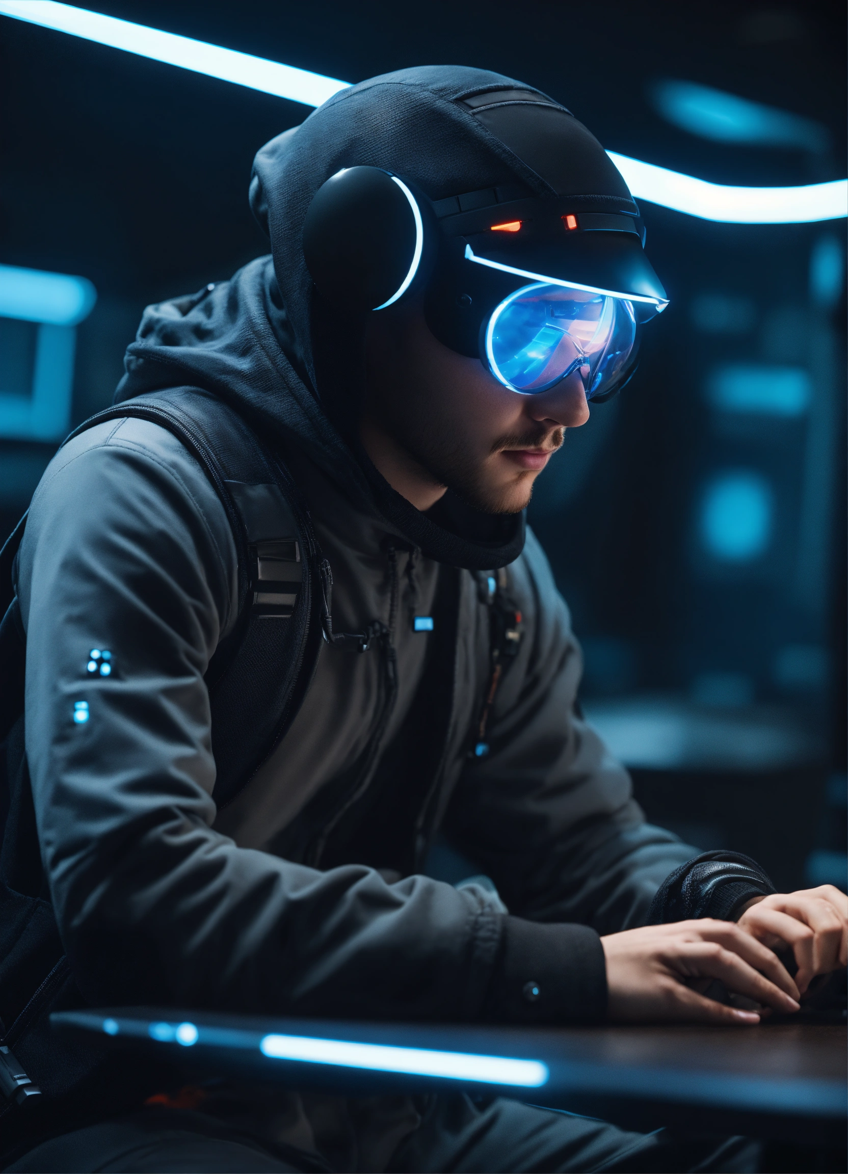 Lexica - Nerdy 25 year old male hacker wearing futuristic clothing, hi ...