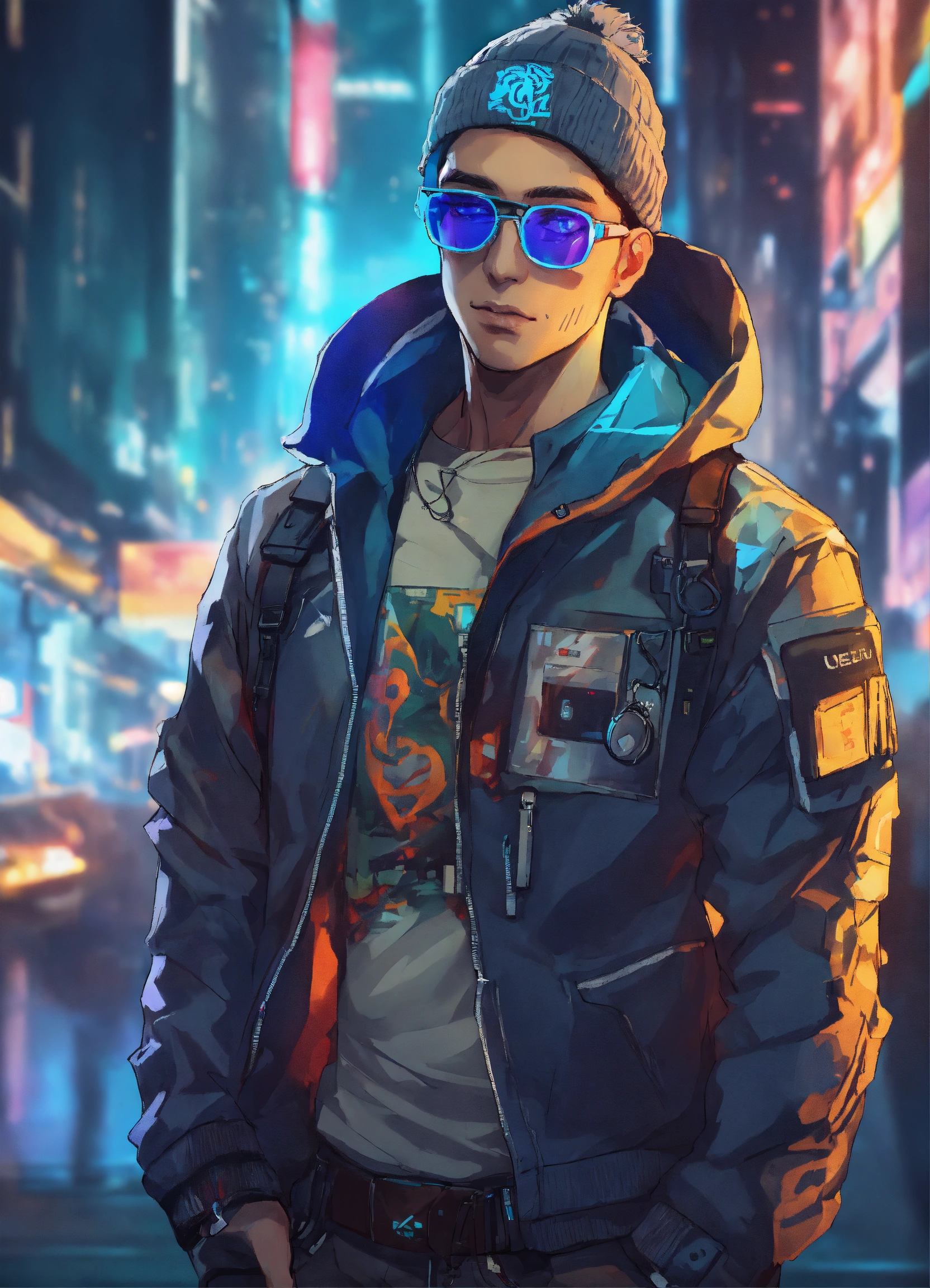 Lexica - Cute male cyberpunk hacker, holding blue colored glasses, in a ...