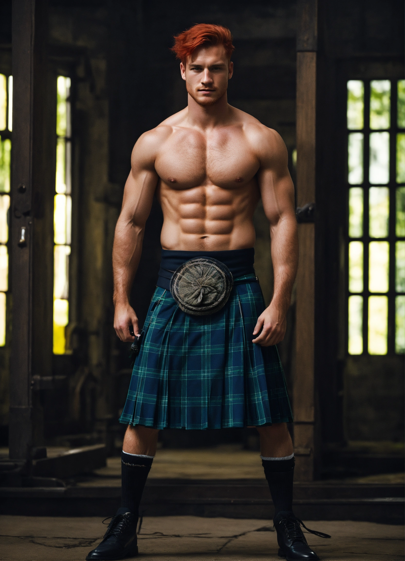 Lexica - A Scotsman in a kilt, shirtless, red hair, athletic