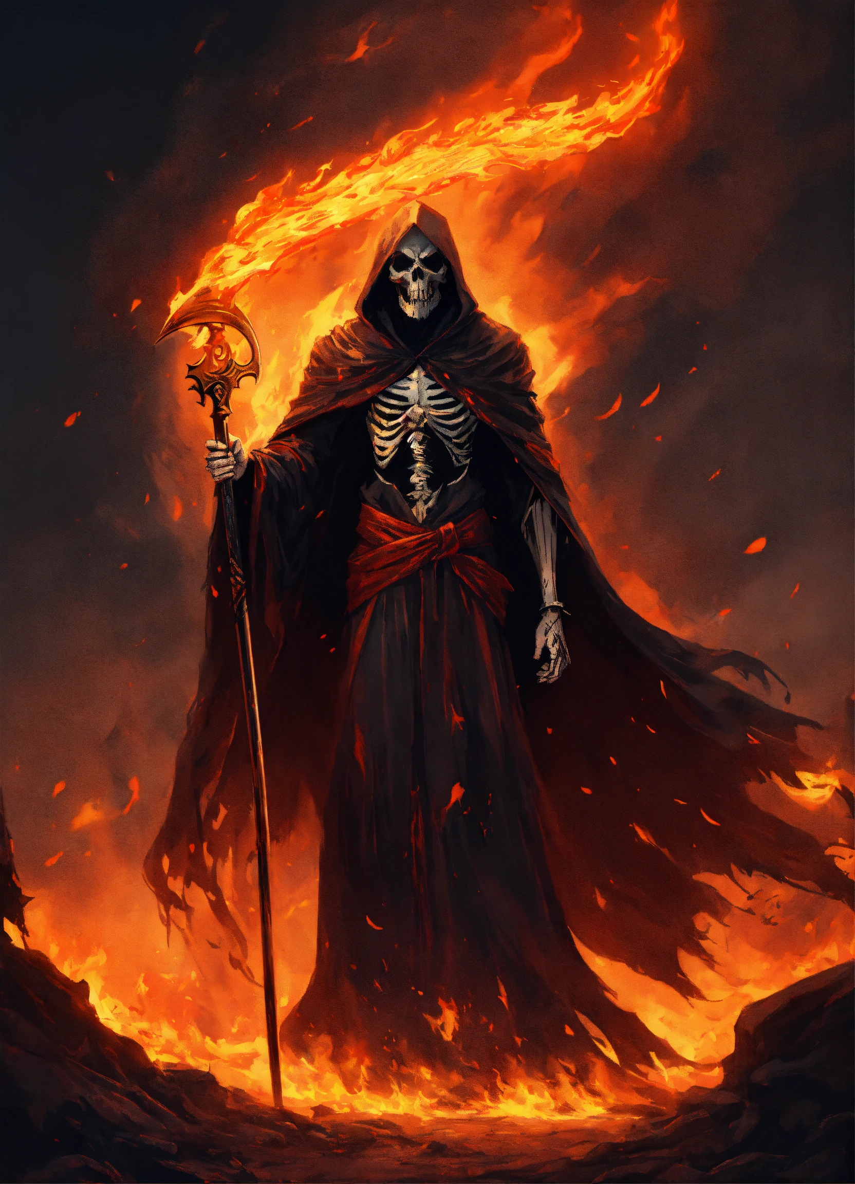Lexica - Menacing grim reaper with flaming scythe, tattered flowing ...