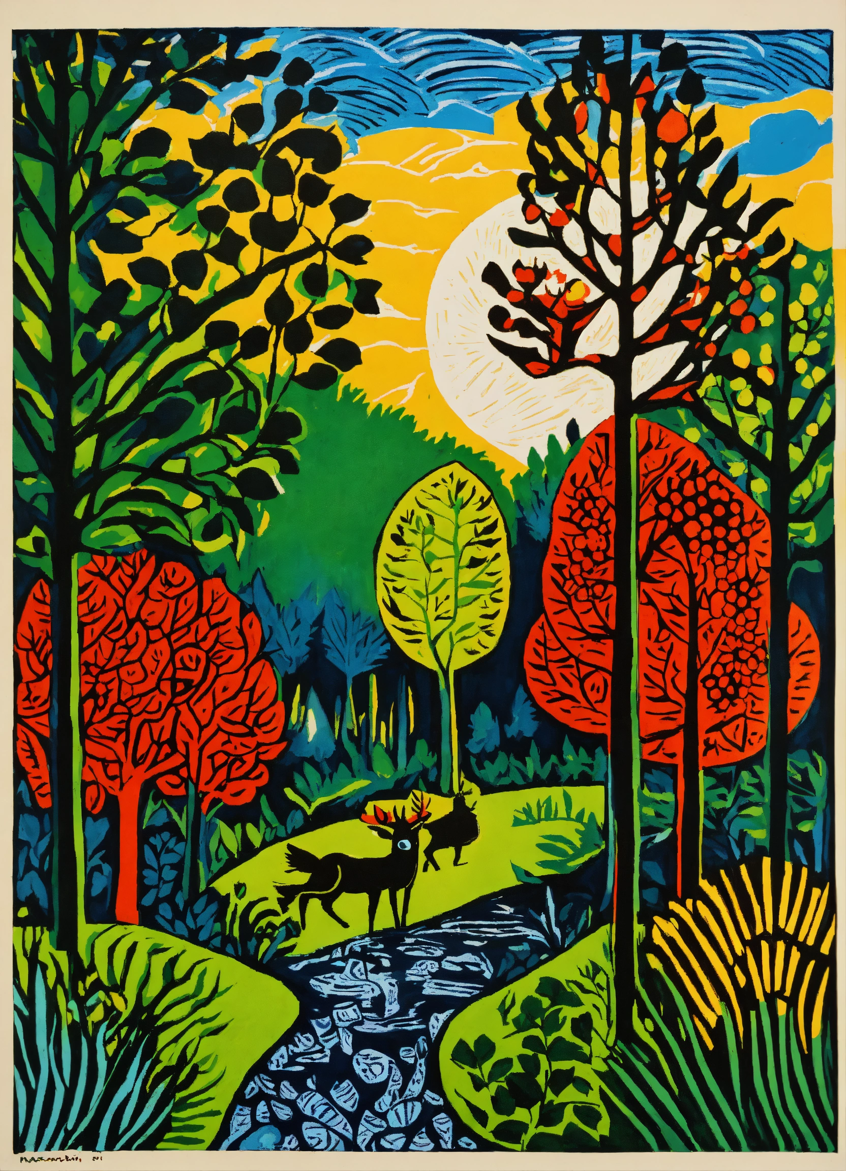 Lexica - Linocut art drawing forest scene folk art style inspired by ...