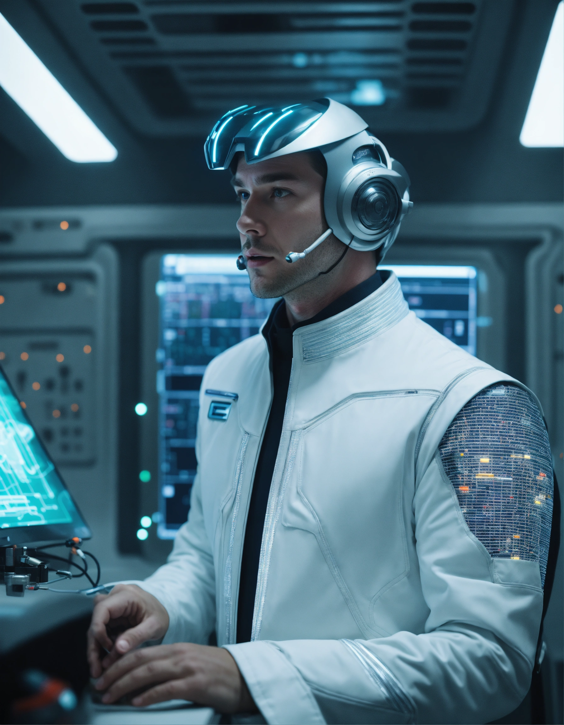 Lexica - Zoom out on white male star command Doctor wearing a sleek ...