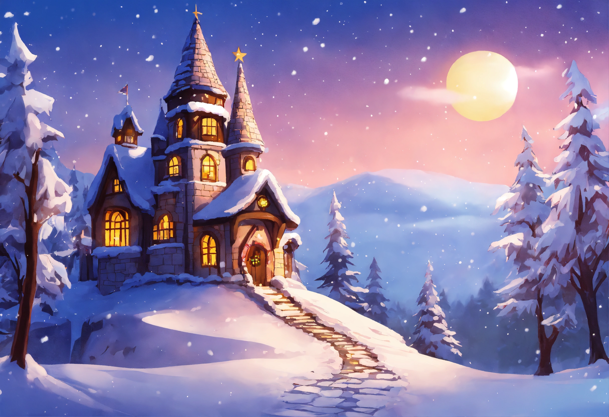 Lexica - Cartoon fairy taie style image castle winter christmas time
