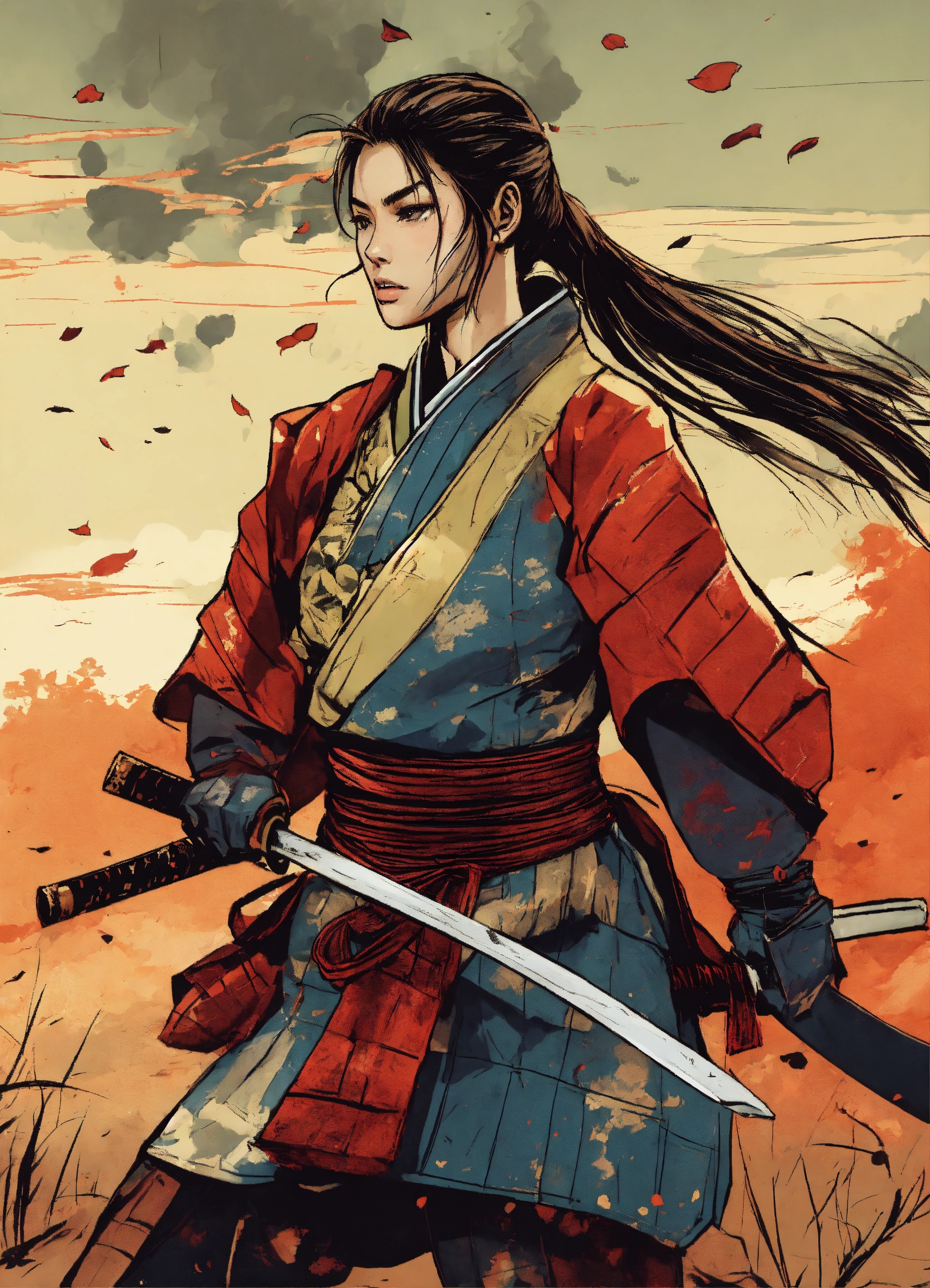 Lexica - Female samurai in battlefield, modern comics style