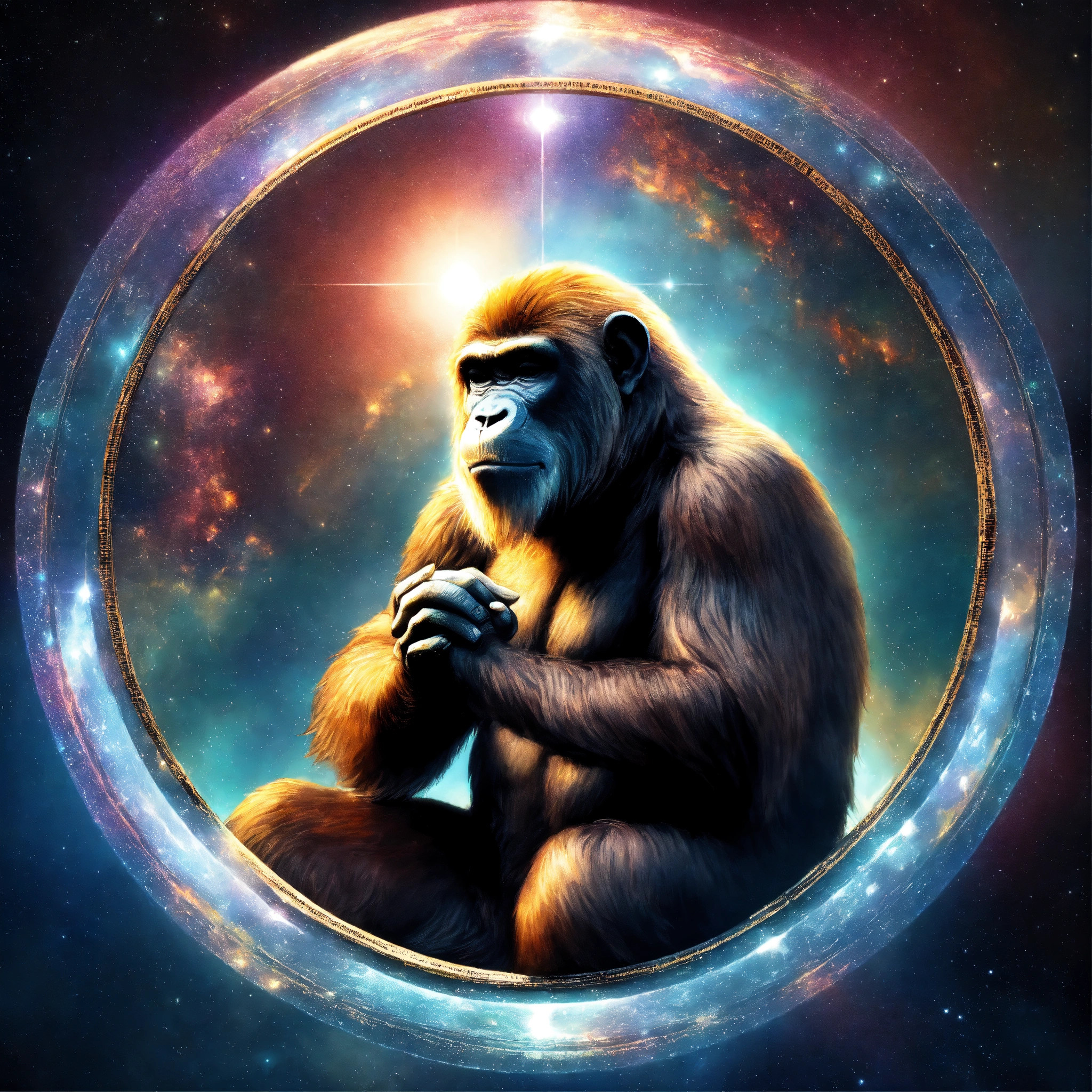 Lexica - Apes praying to a human god in space, in circle image ...
