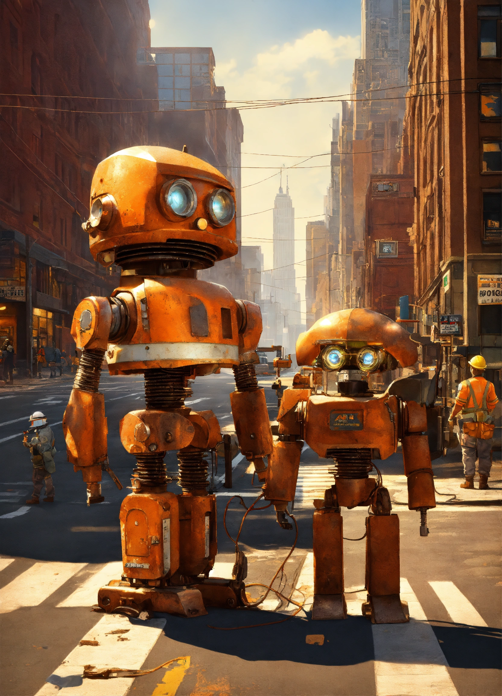 Lexica - 2 rusty semi - broken robots, roadworkers in a busy street ...