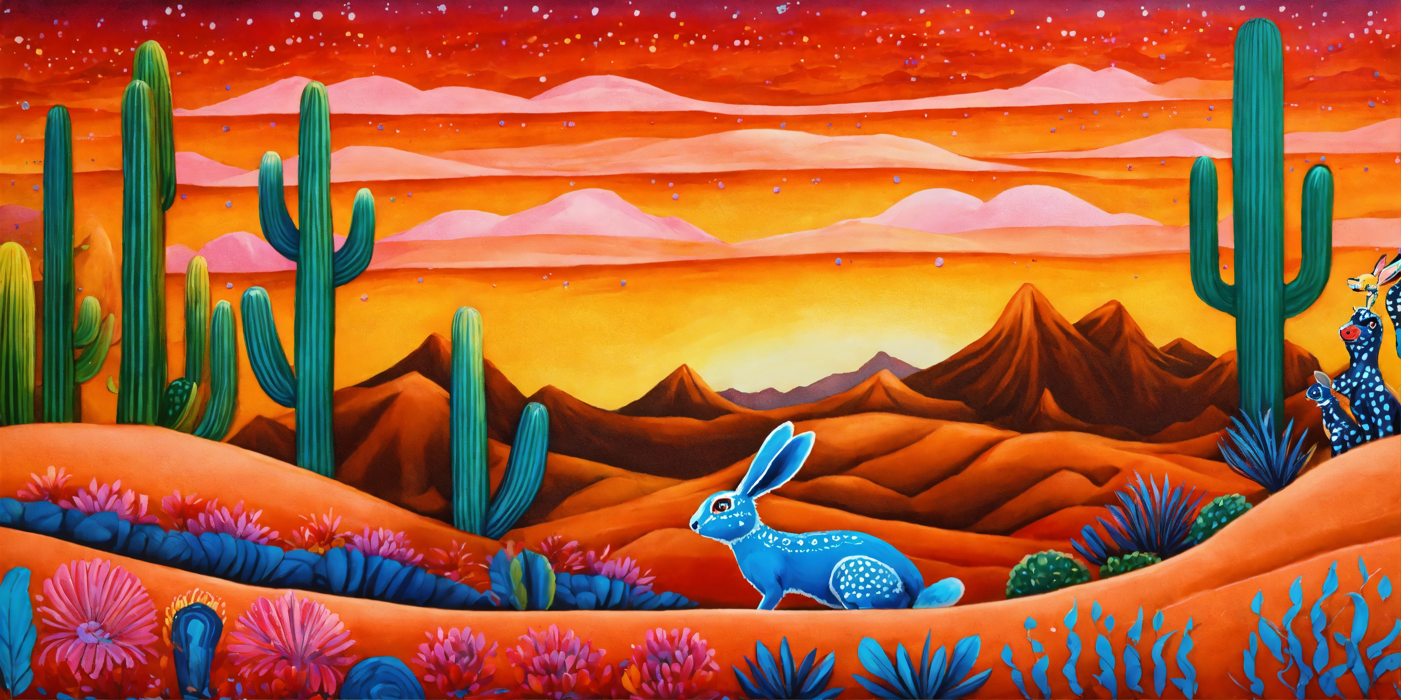 Lexica - Desert landscape with desert rabbit in alebrije Mexican folk ...