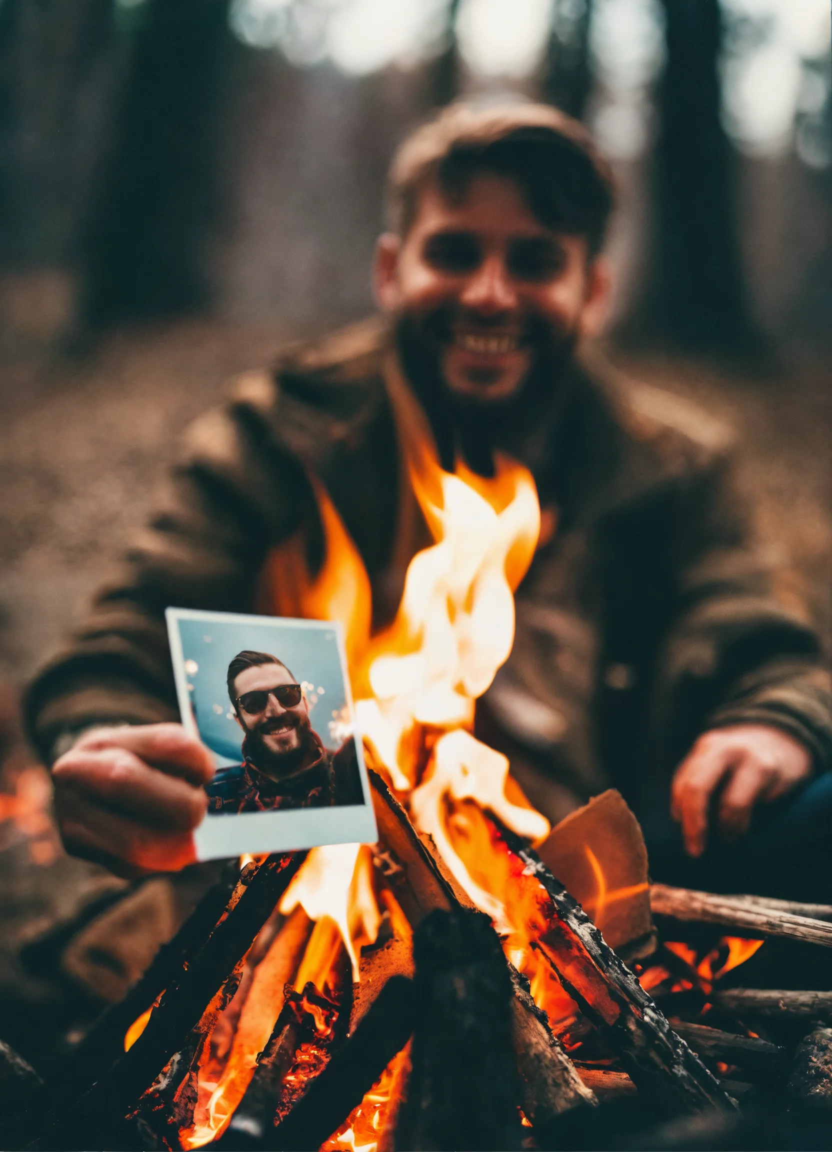 Lexica - Close shot of polaroïd pictures burning in a big bonfire. In ...