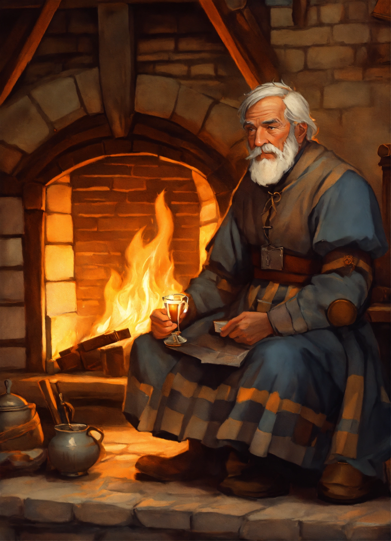 Lexica - Old man by a fire, dressed in simple medieval strips, telling ...