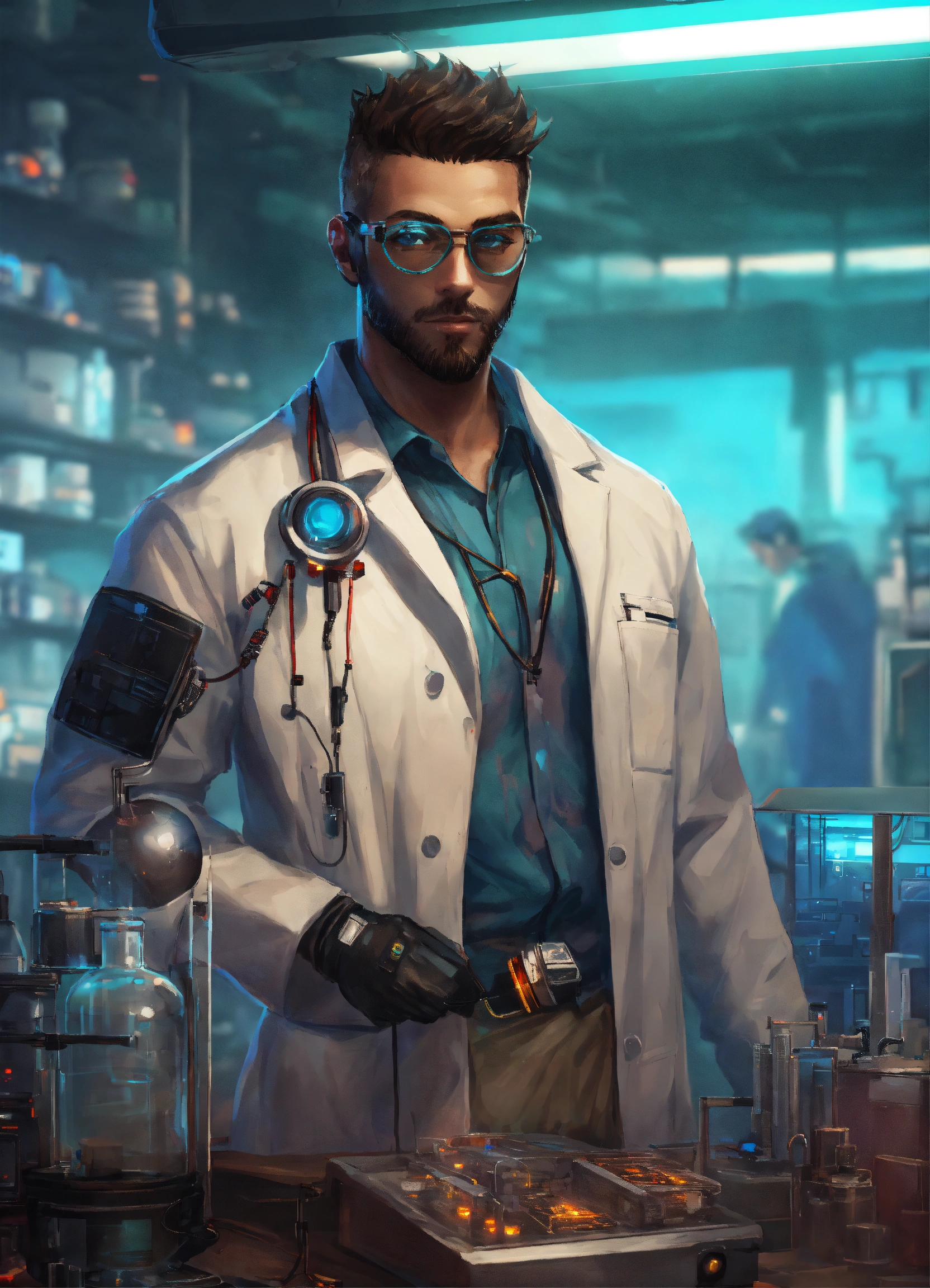 Lexica - Male sneaky cyberpunk lab assistant in a lab coat