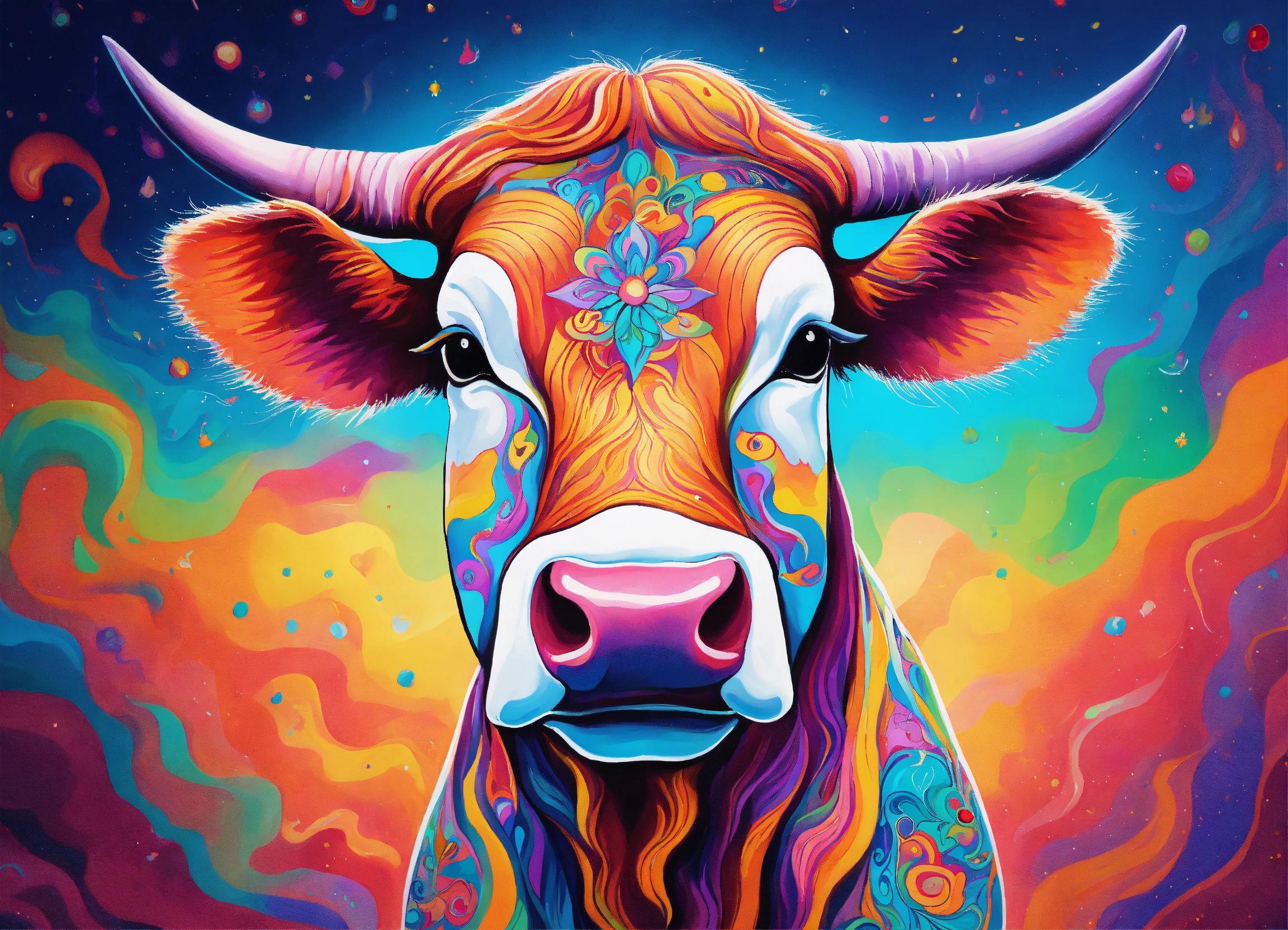 Lexica - Vibrant neo-traditional, a painting of a psychedelic cow with ...