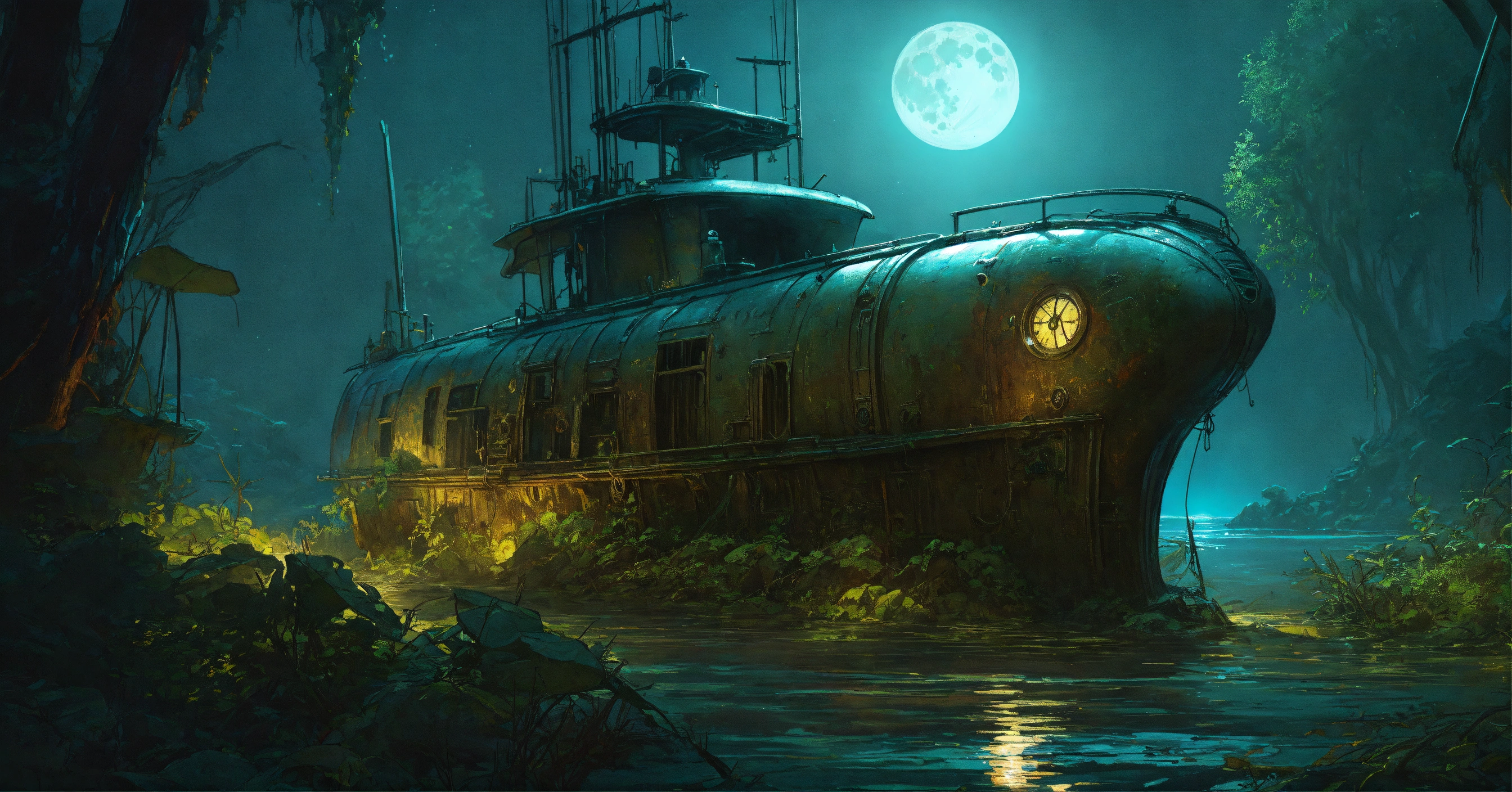 Lexica - Beached heavily overgrown steampunk submersible tilted rusty ...