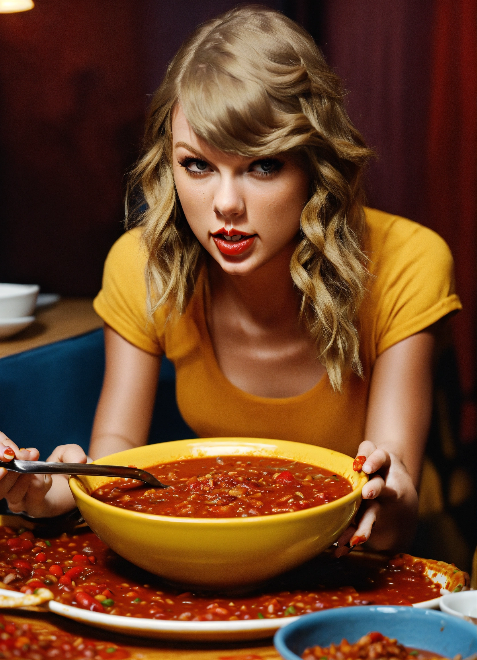 Lexica - Photo realistic shot of taylor swift eating a large bowl of ...