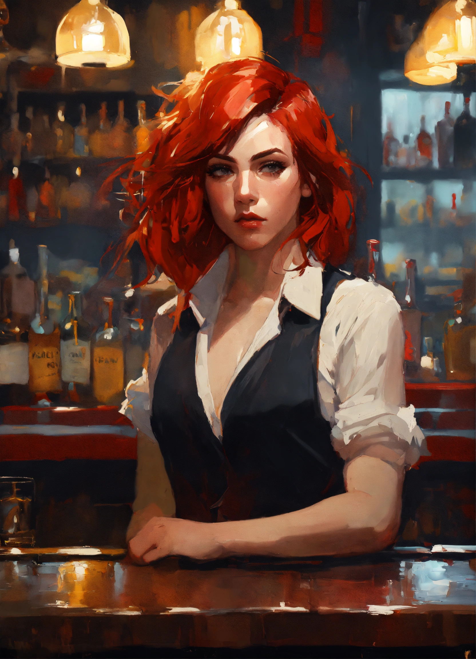 Lexica - Bartender muscular woman red hair, in a bar, muscular, 1920s ...