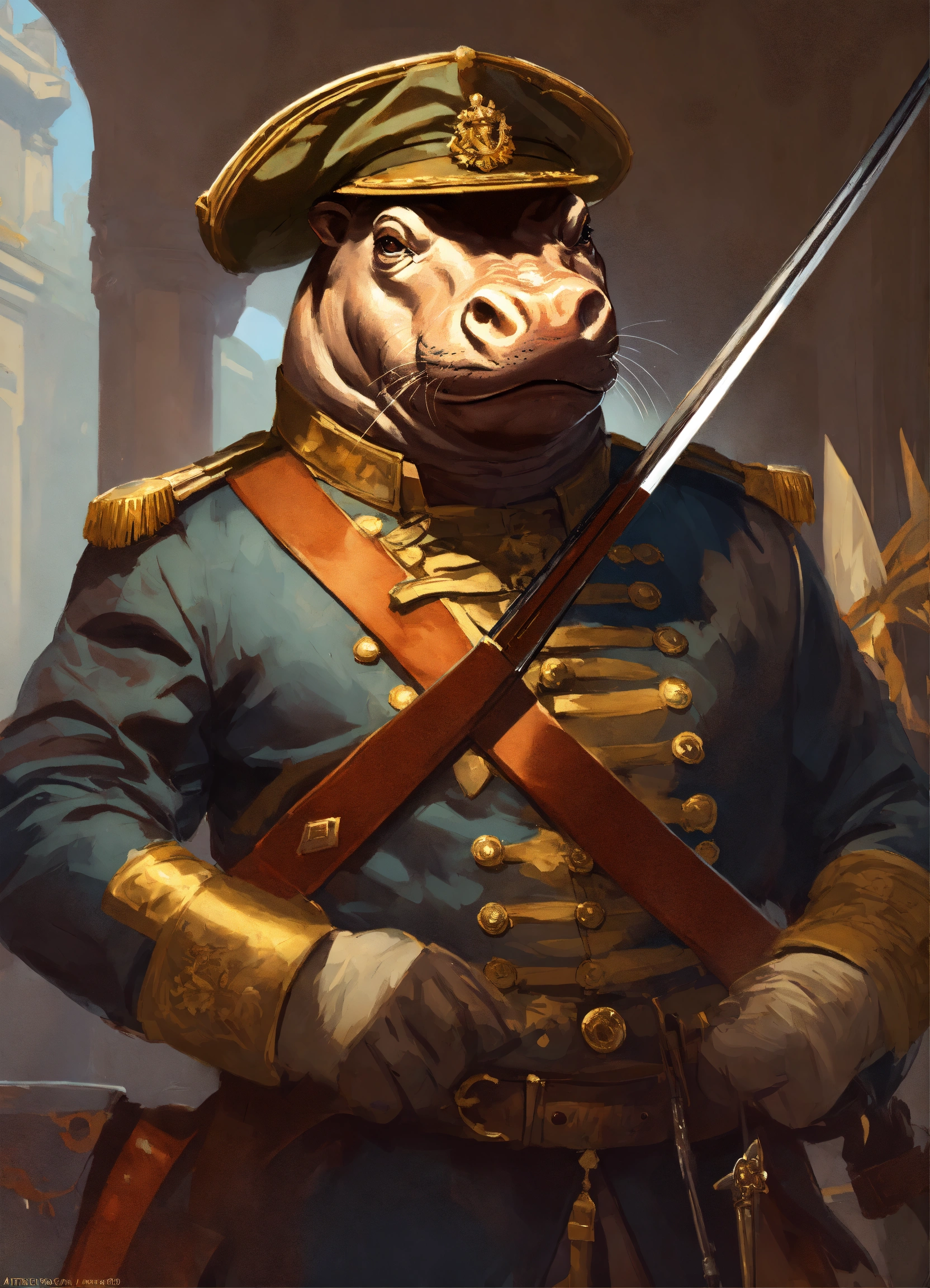 Lexica - Hippo man with a musket, in old colonial military uniform ...