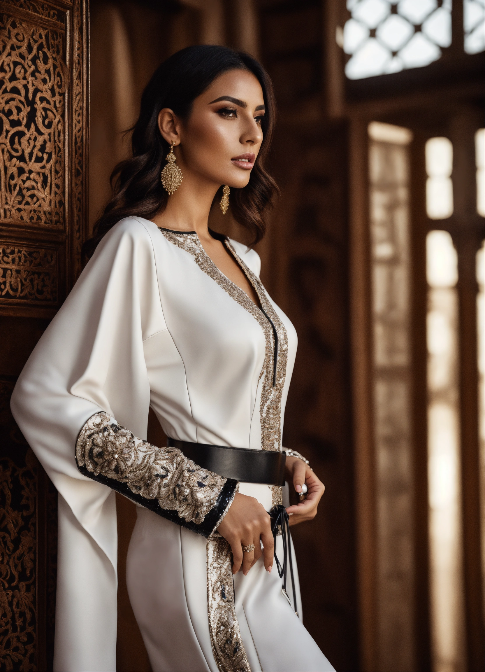 Lexica - Beautiful Arab women model, wearing luxury dress caftan white ...