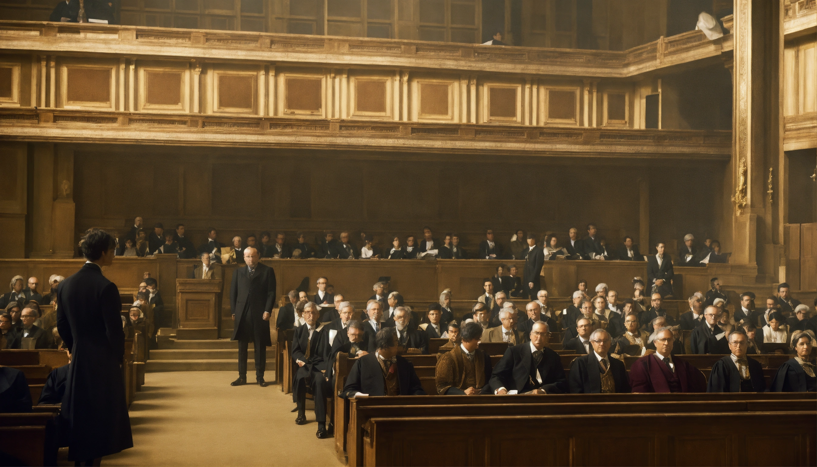 Lexica - High nobles in endless dresses and suits sit in a lecture hall ...