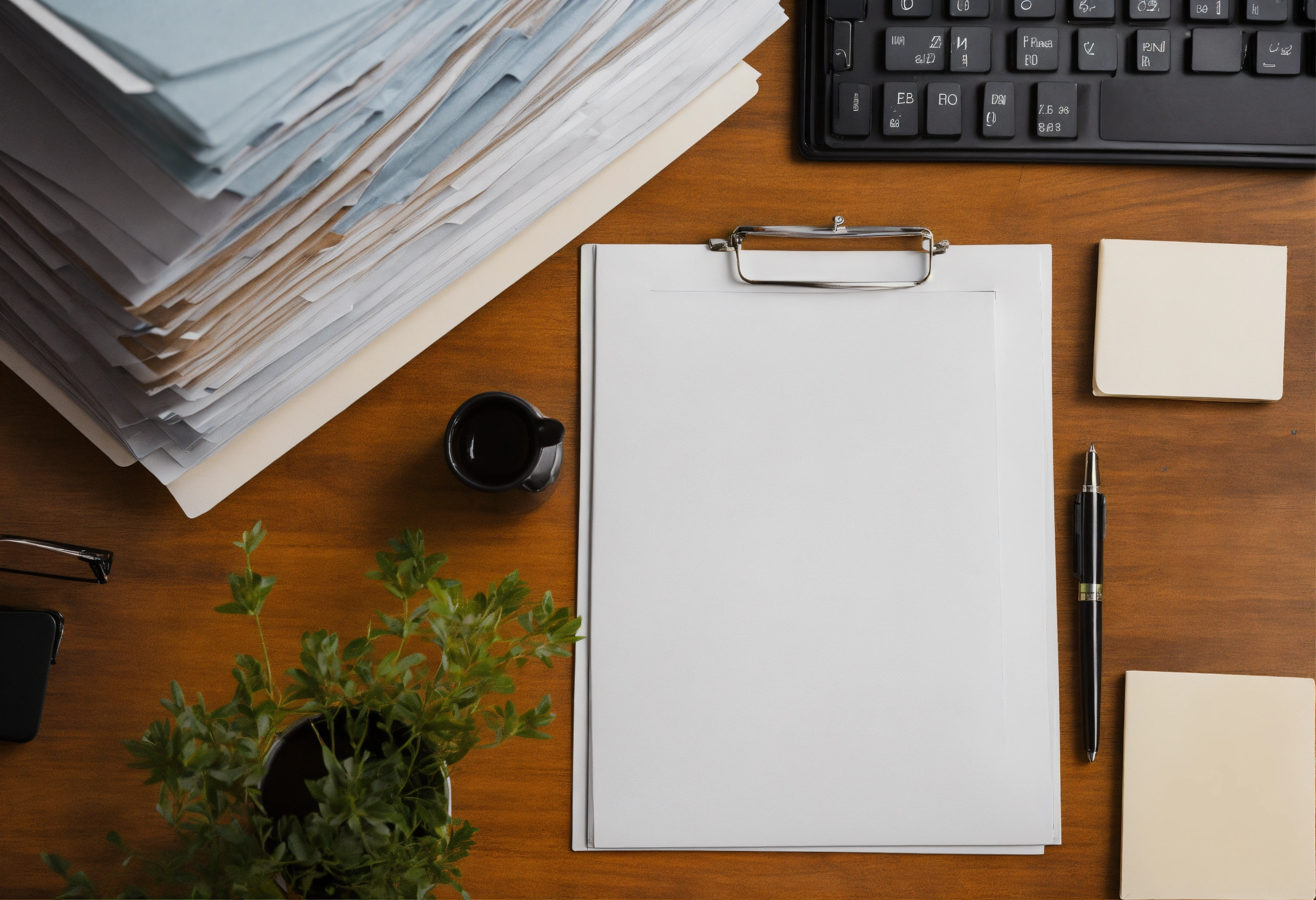 Lexica - Top view of an office desk with a folder of papers on it. The ...