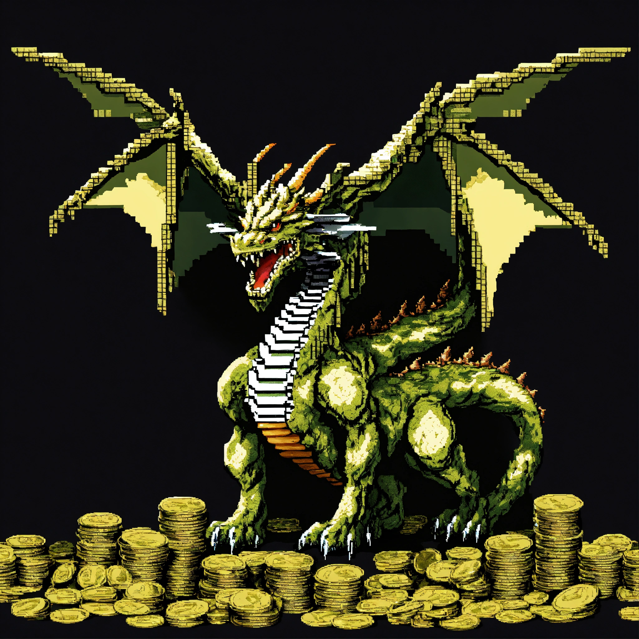 Lexica - 8-bit pixel art of a dragon final boss made of money black ...