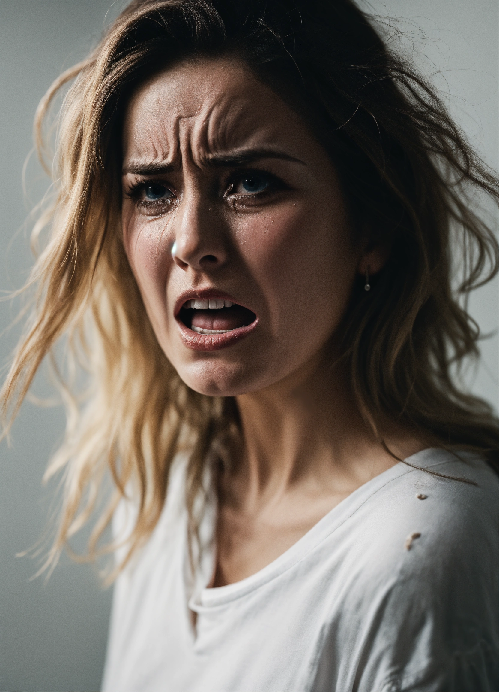 Lexica - WHITE BACKGROUND, extreme up shot PORTRAIT OF A woman crying ...