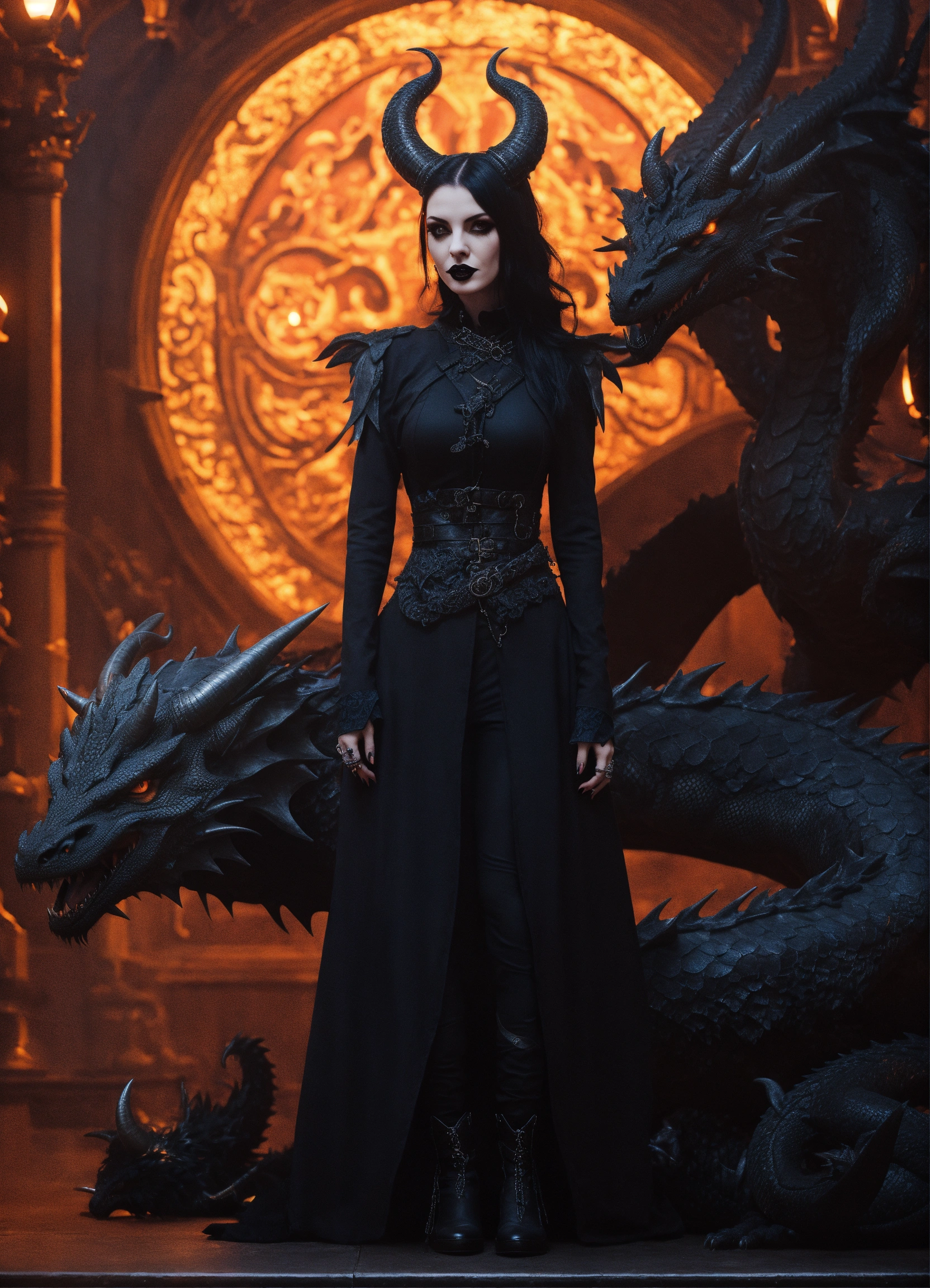 Lexica - Goth female with black horns next to a dragon