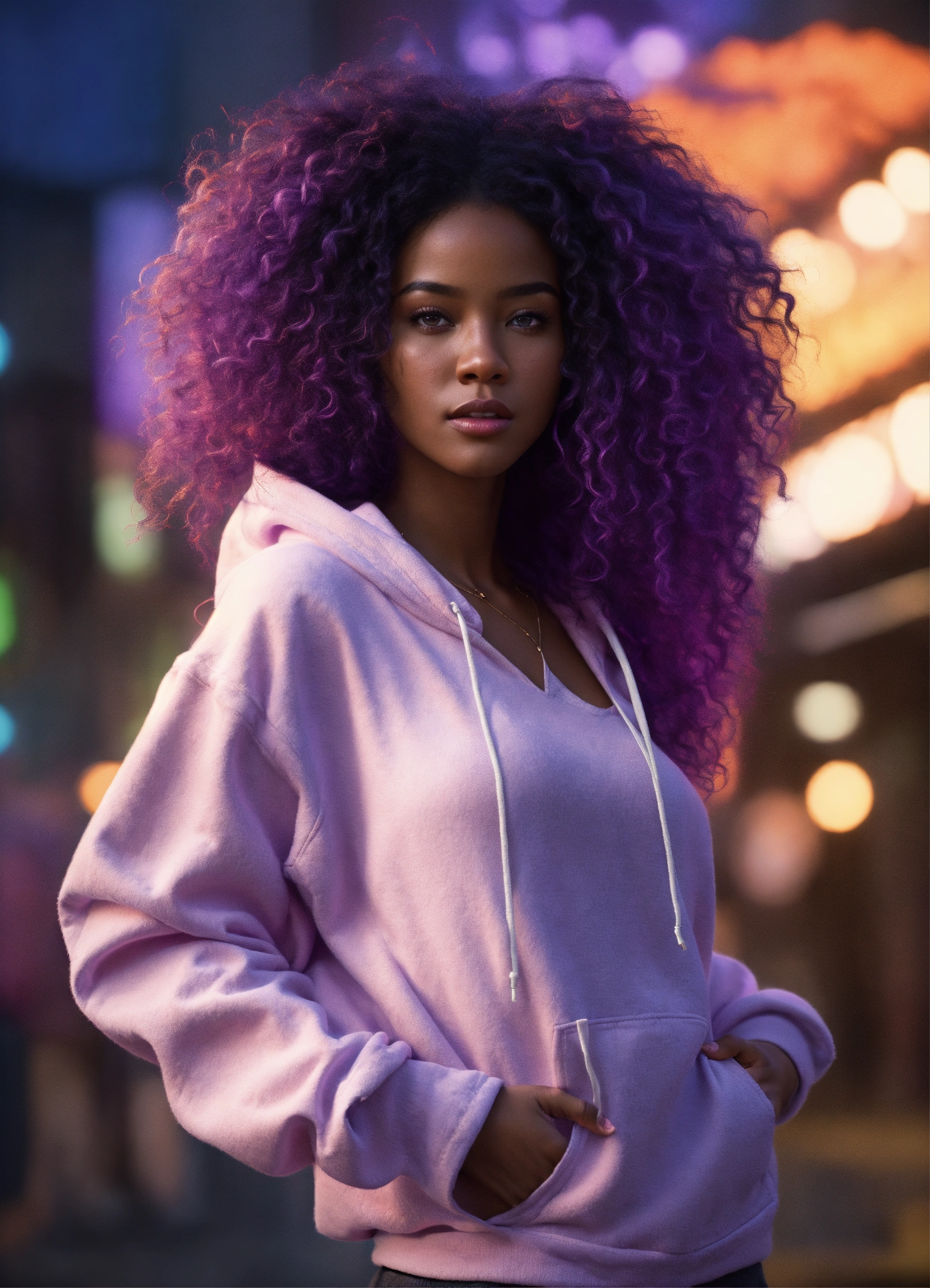 Lexica - Pretty Black woman, long messy curly purple hair, wearing ...