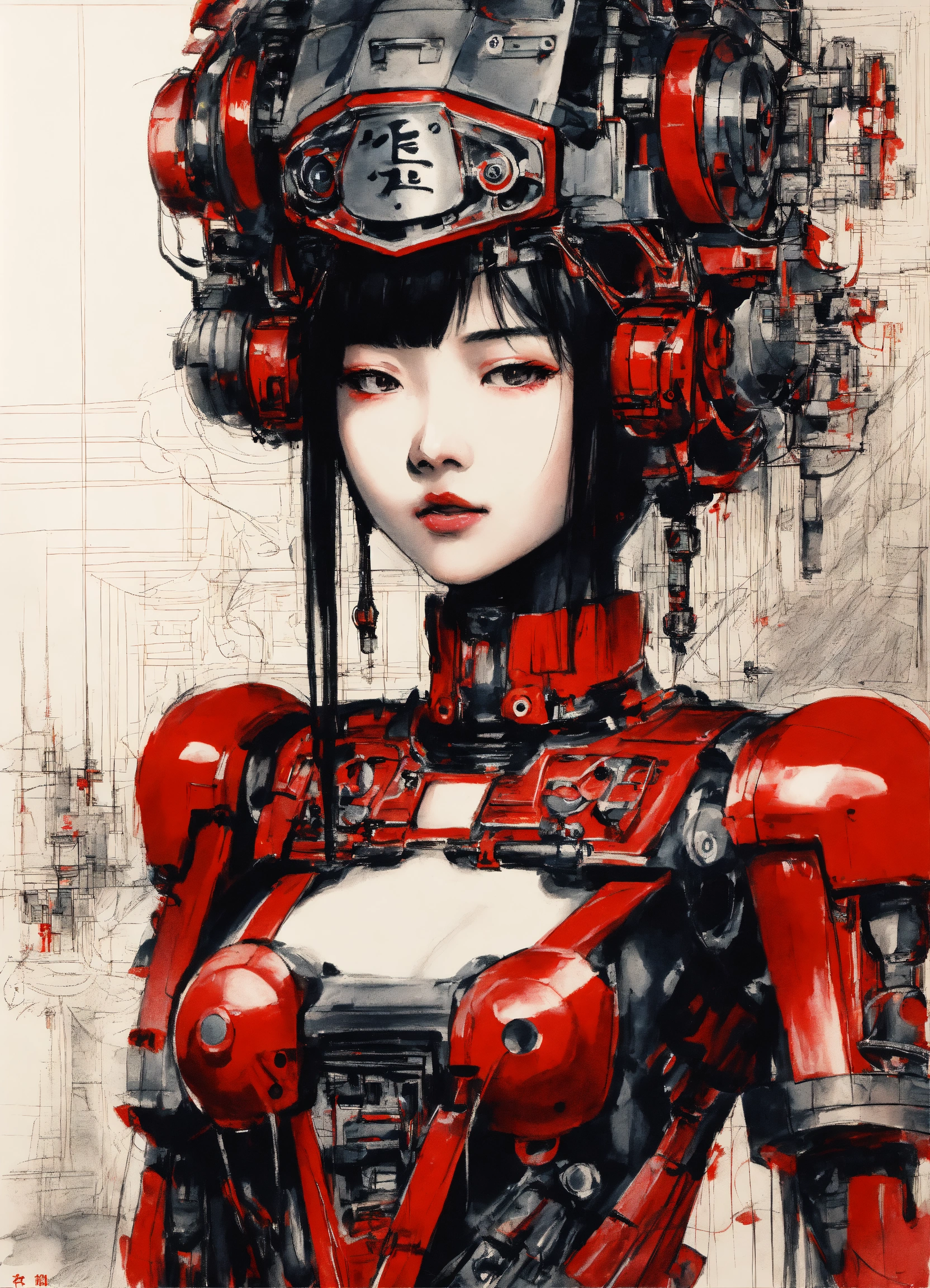 Lexica - Shuǐmò huà, 水墨画, black and red ink, a futurist beautiful girl ...