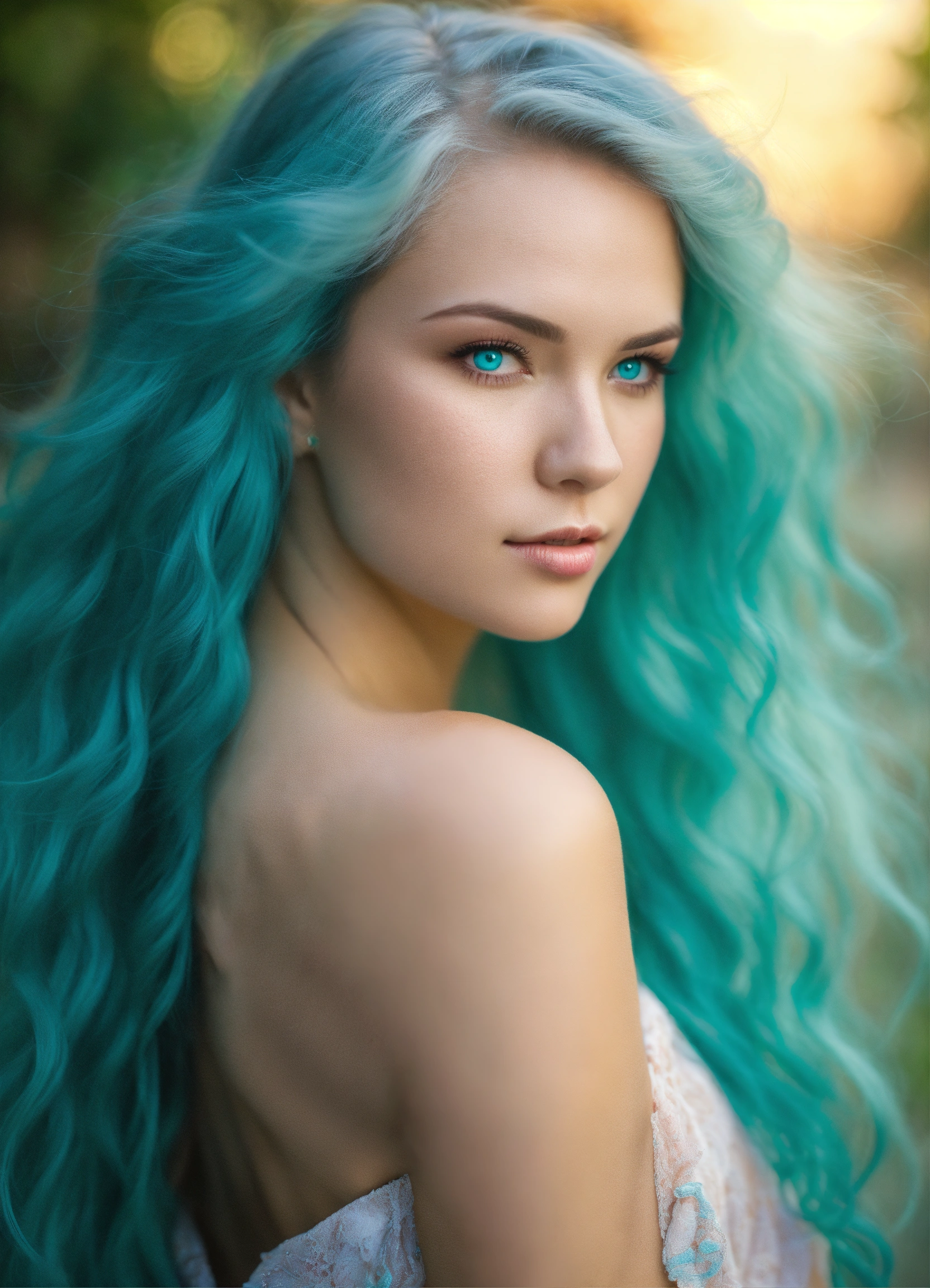 Lexica - White woman, fair skin, long bright cya wavy hair, cyan eyes