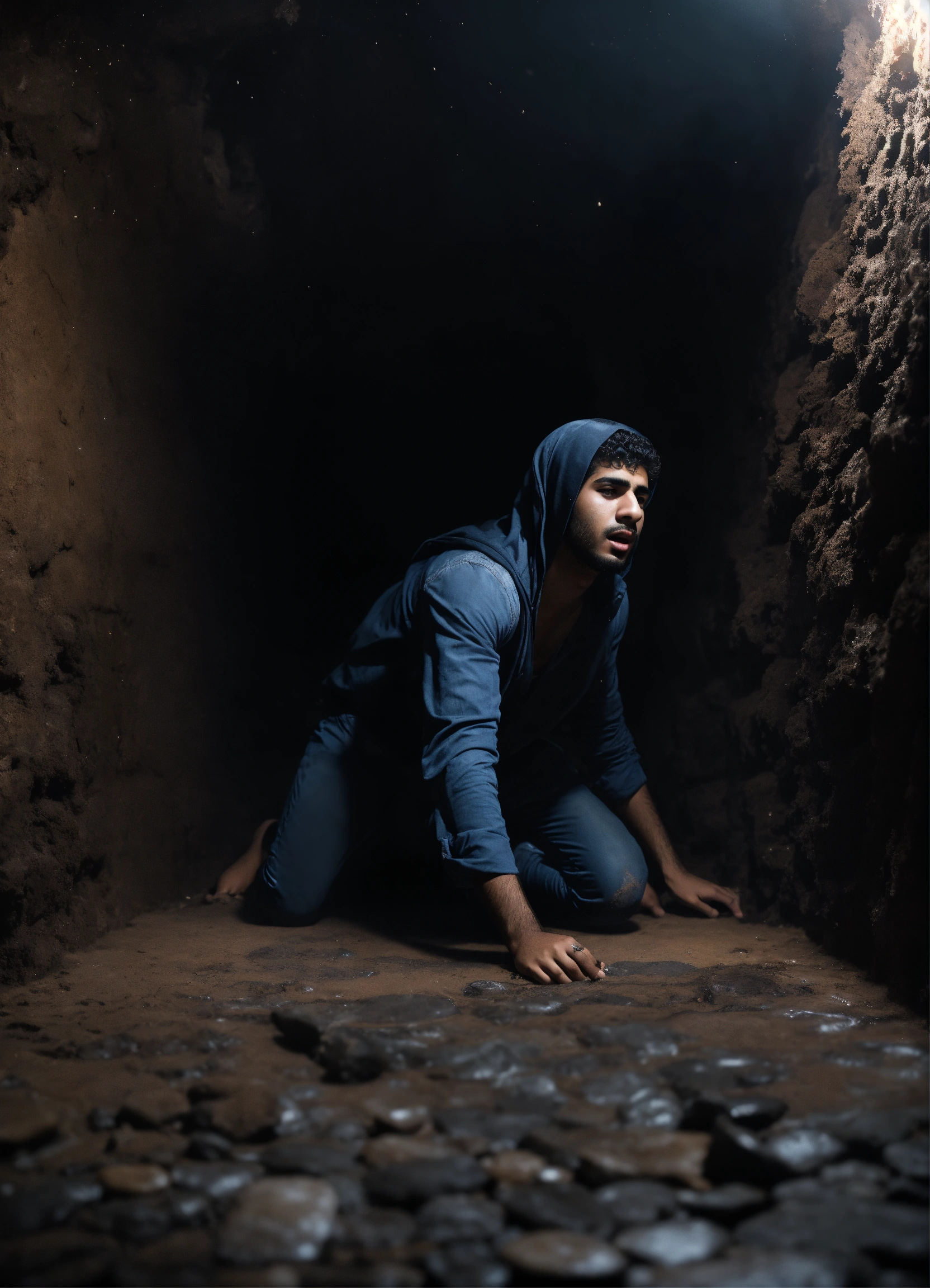 Lexica - A young arab man falling on the floor of a deep dark empty ...