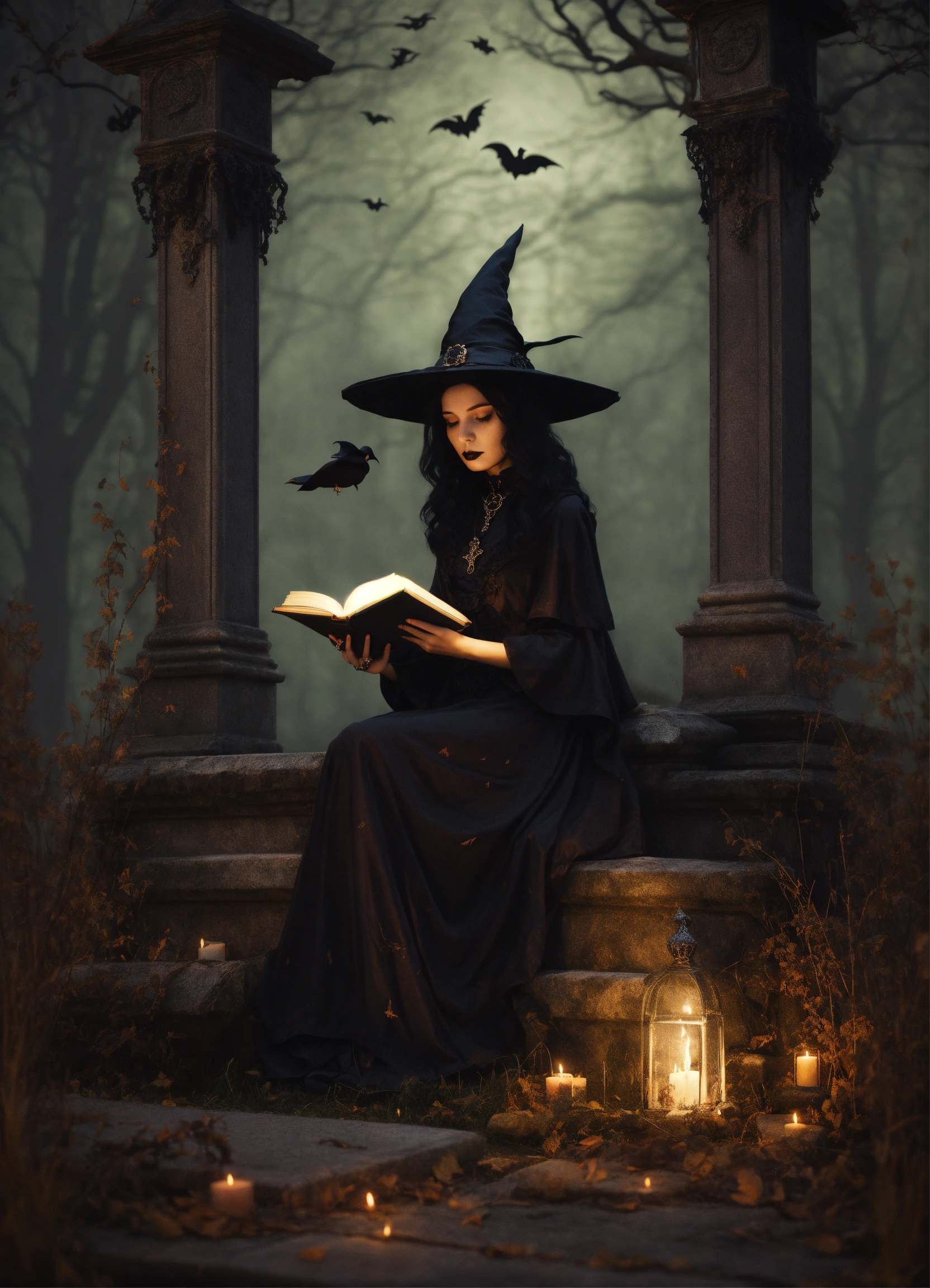 Lexica - Witch sitting on a grave reading a book, Vintage Gothic Dark ...