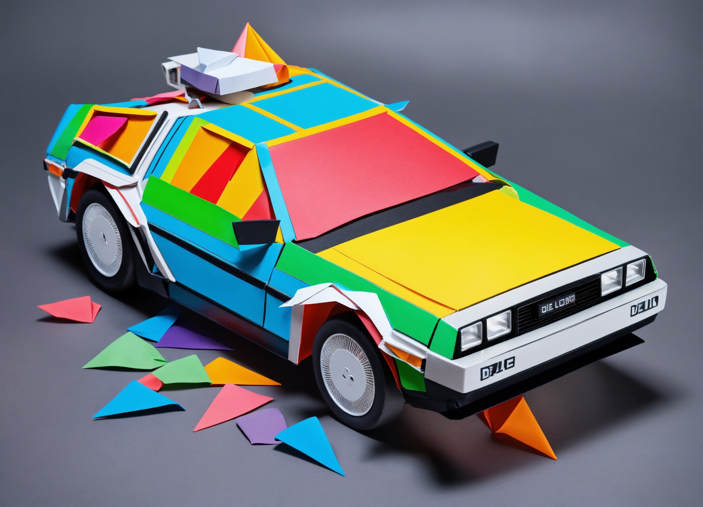 Lexica - Half-built DeLorean 2D with colourful paper and woord origami ...