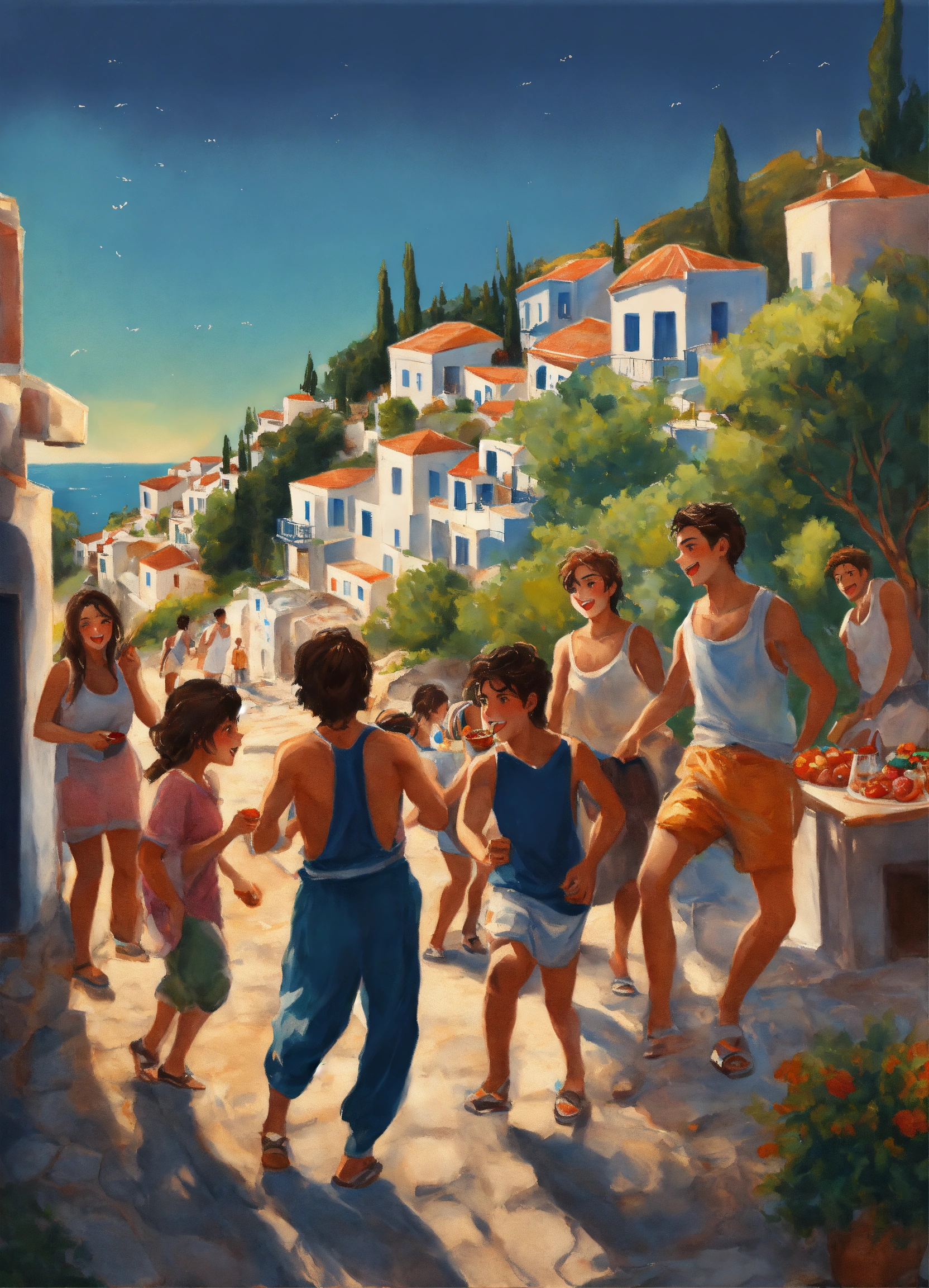 Lexica - A hand drawn painting of a few Greek boys and girls in their ...