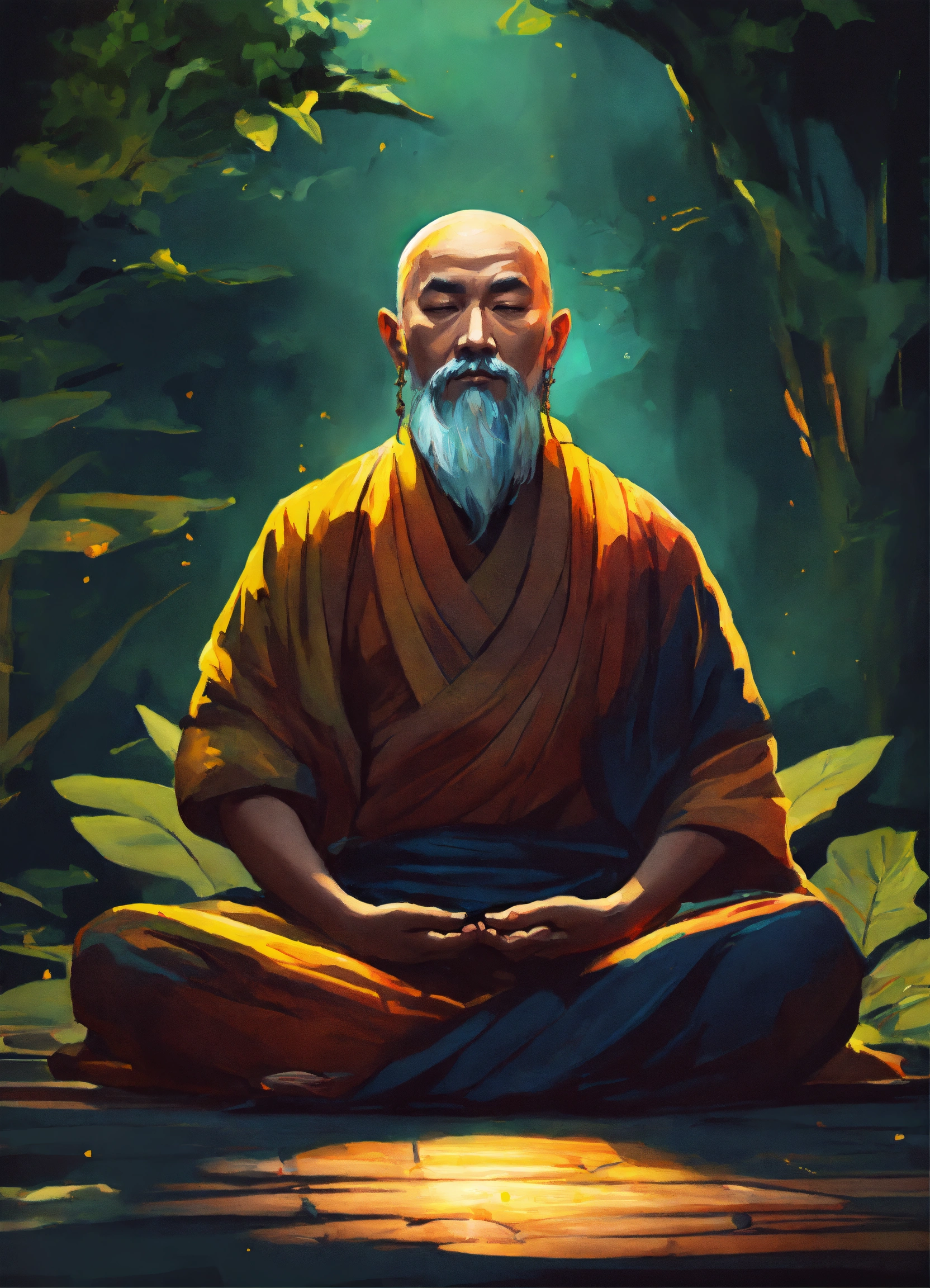 Lexica - A hand drawn painting of a zen master meditating in the dark ...