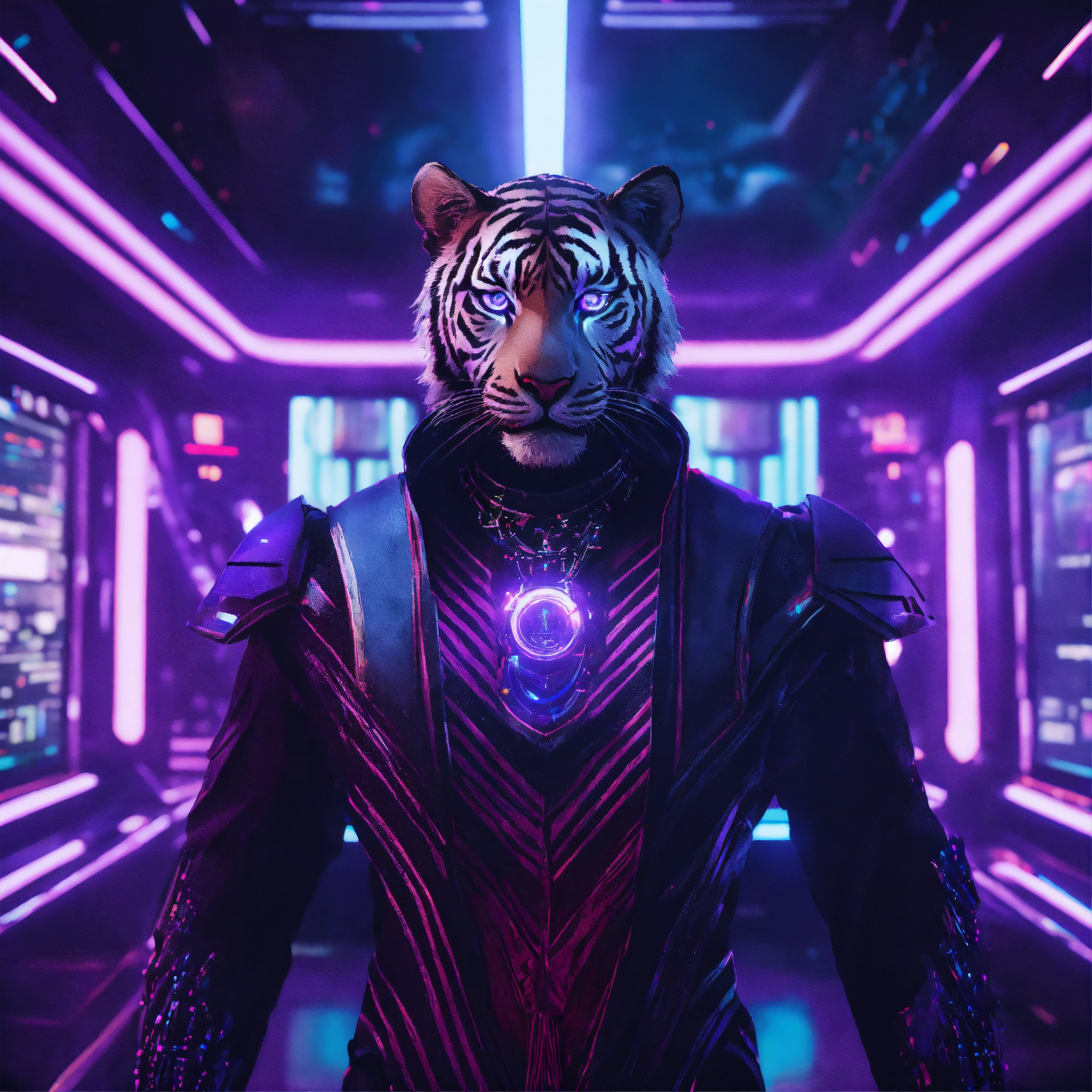 Lexica - Zoom out from a male black tiger faced humanoid with purple ...