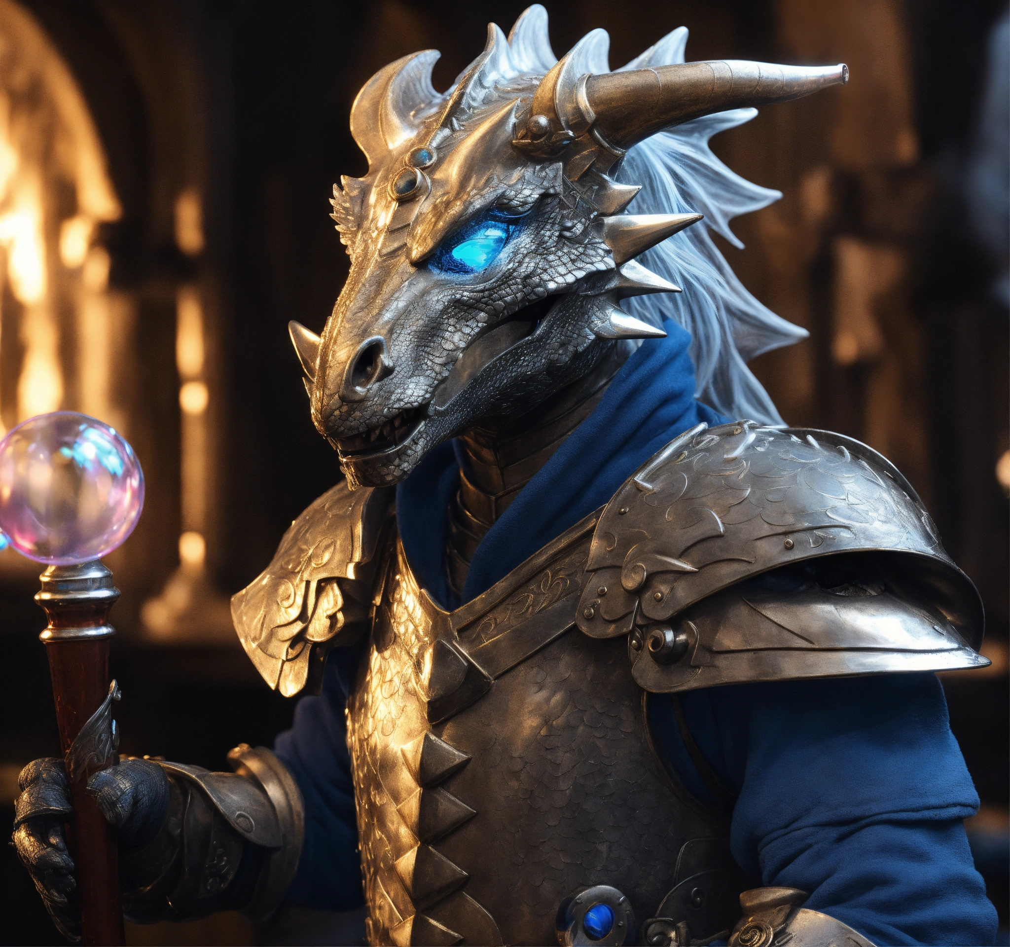 Lexica - A tall, skinny silver dragonborn with blue eyes and an almost ...